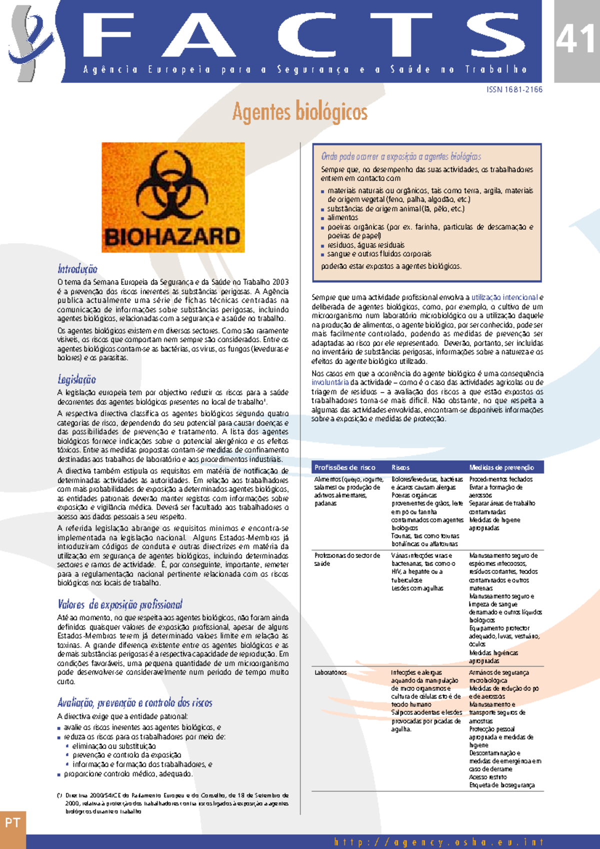 Agentes biologicos e riscos - F A C T S A g ê n c i a E u r o p e i a p ...