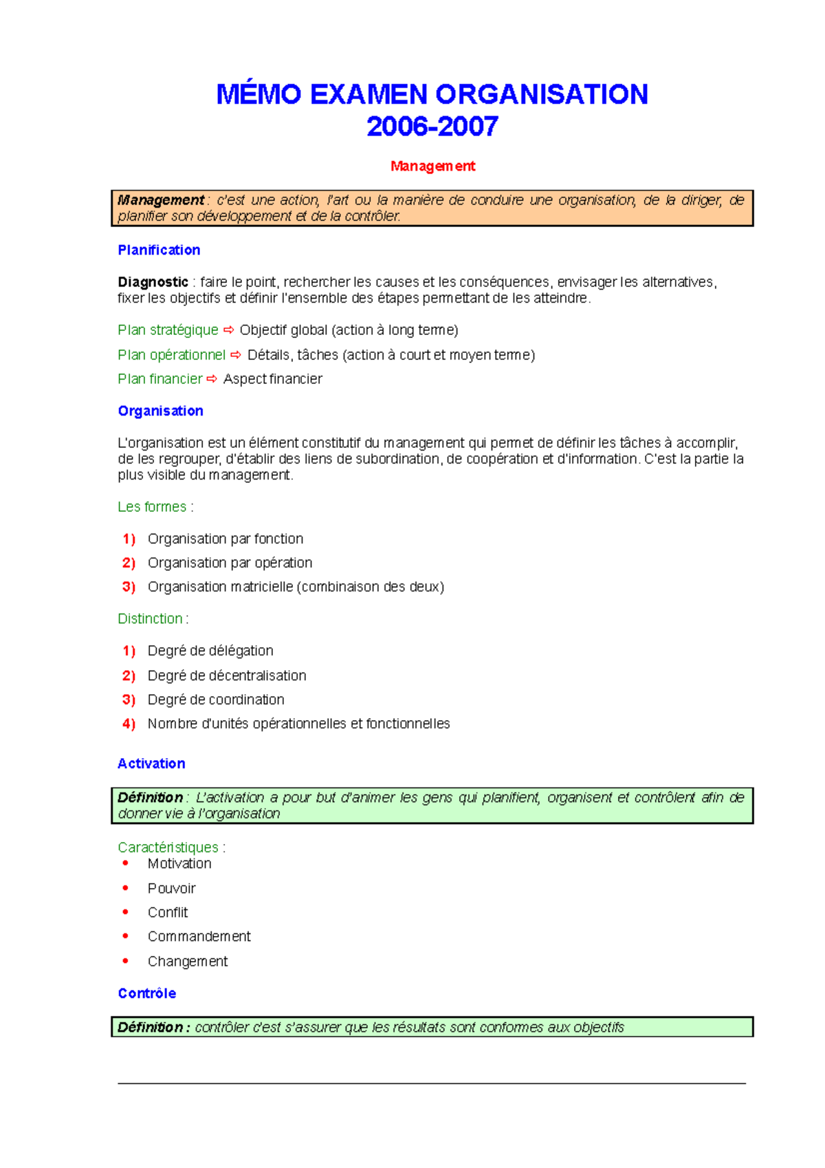 MEMO Organisation - MÉMO EXAMEN ORGANISATION 2006- Management ...