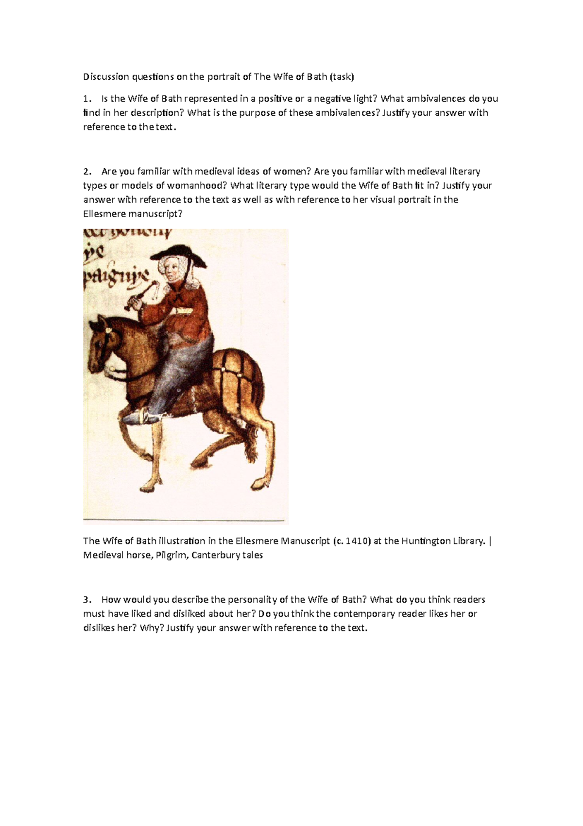 AO Discussion questions on the Portrait of The Wife of Bath ...