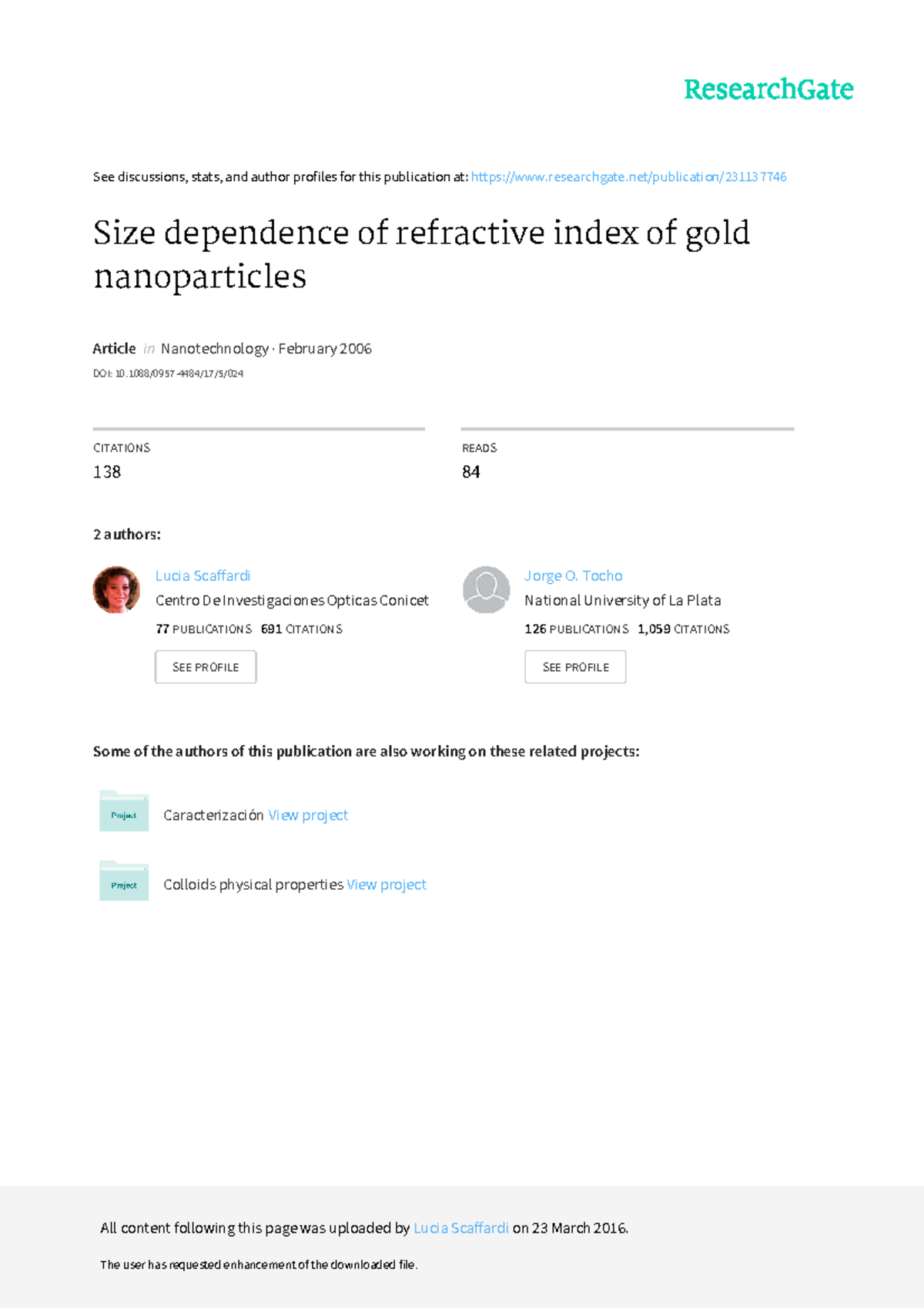 Size dependence of refractive index of gold - See discussions, stats ...