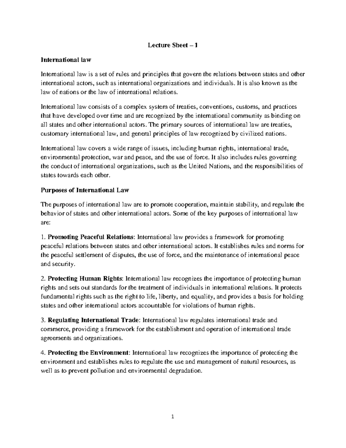Lecture Sheet 1 International Law Lecture Sheet 1 International Law International Law Is A