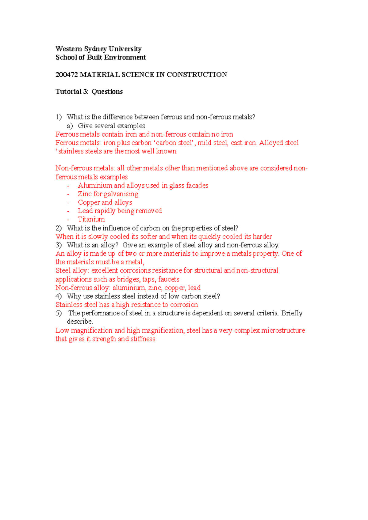 Tutorial 3 Questions Metals in Construction-2020-2 - Western Sydney ...