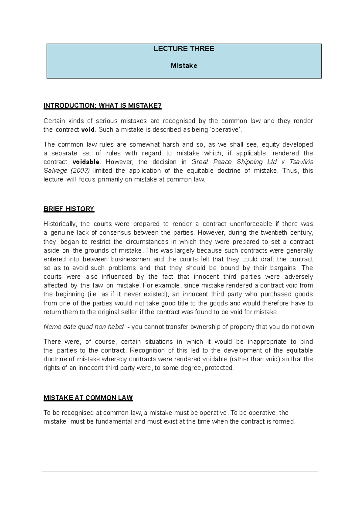 Lecture 3 handout - INTRODUCTION: WHAT IS MISTAKE? Certain kinds of serious mistakes are ...
