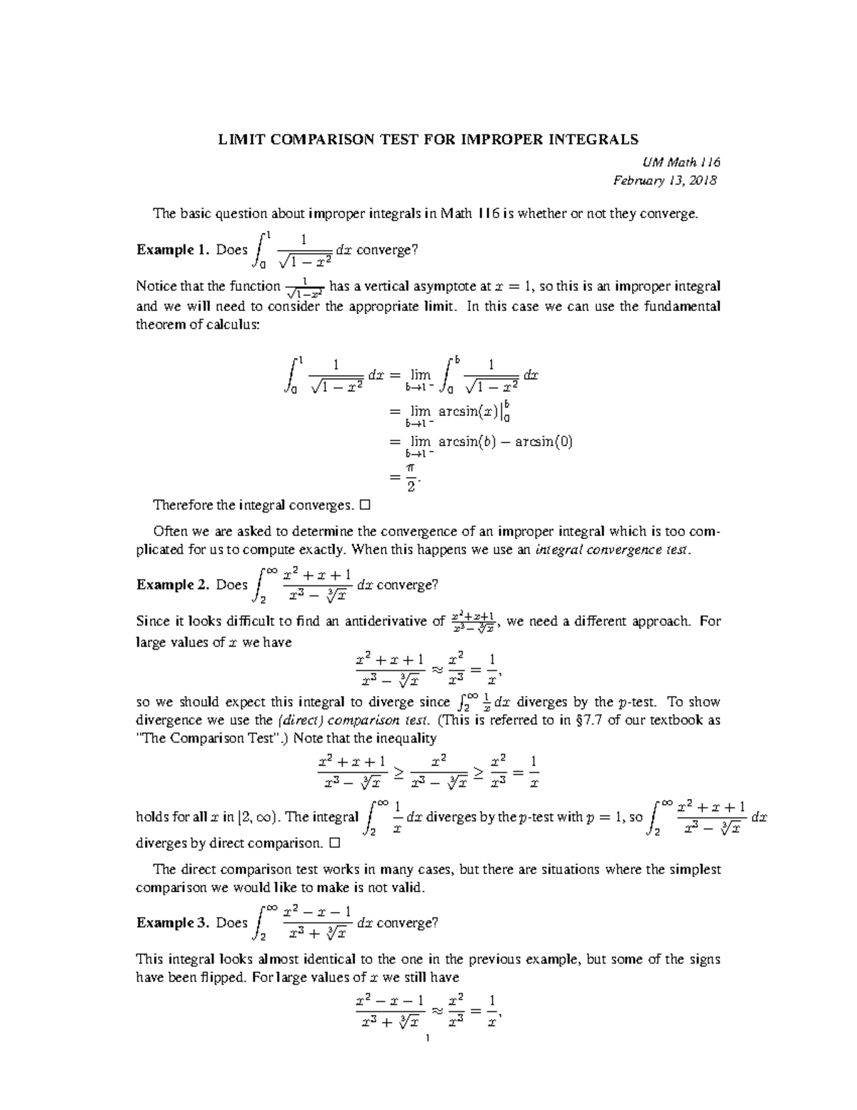 Limit comparison test - lct - UM Math 116 February 13, 2018 The basic ...