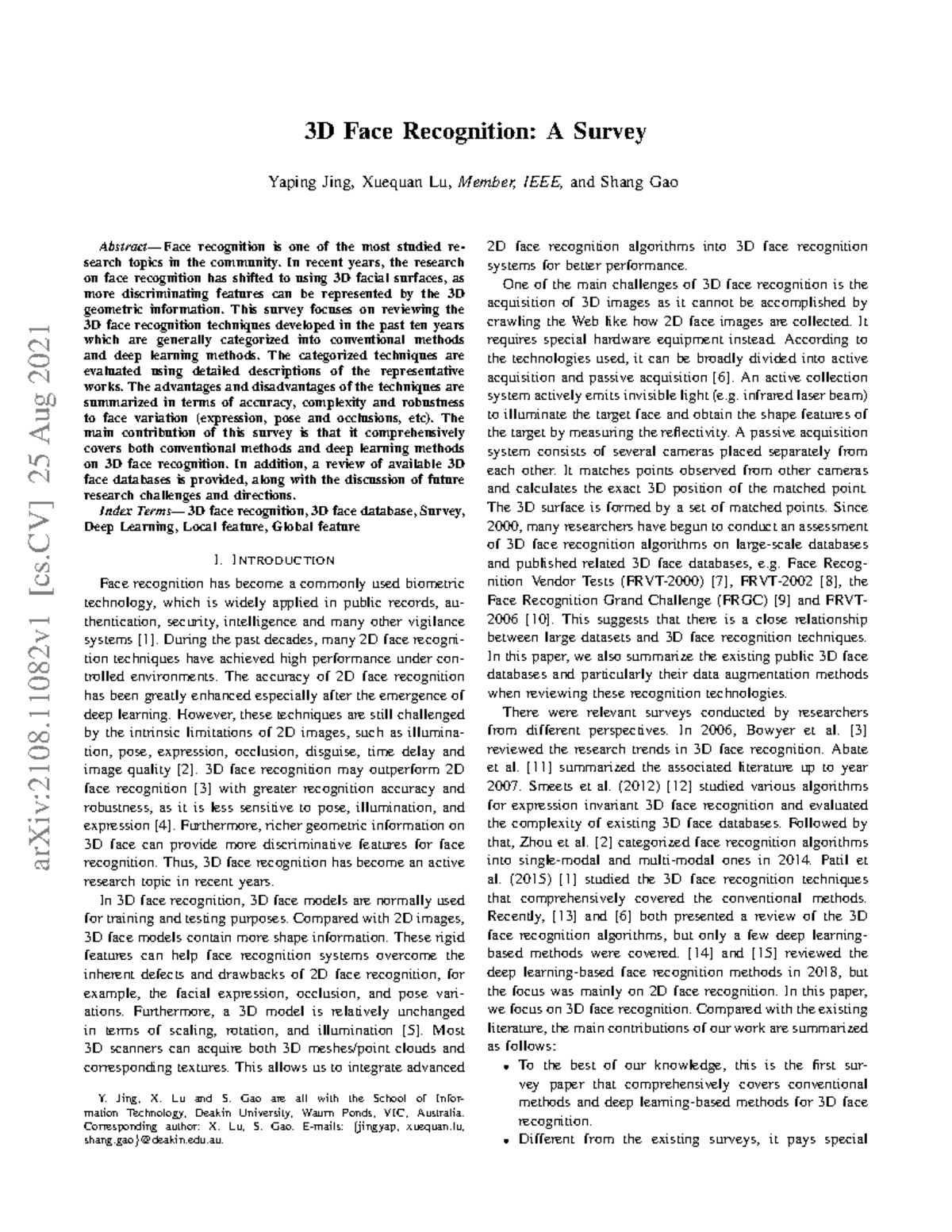 2108 - survey 3d face - 3D Face Recognition: A Survey Yaping Jing ...