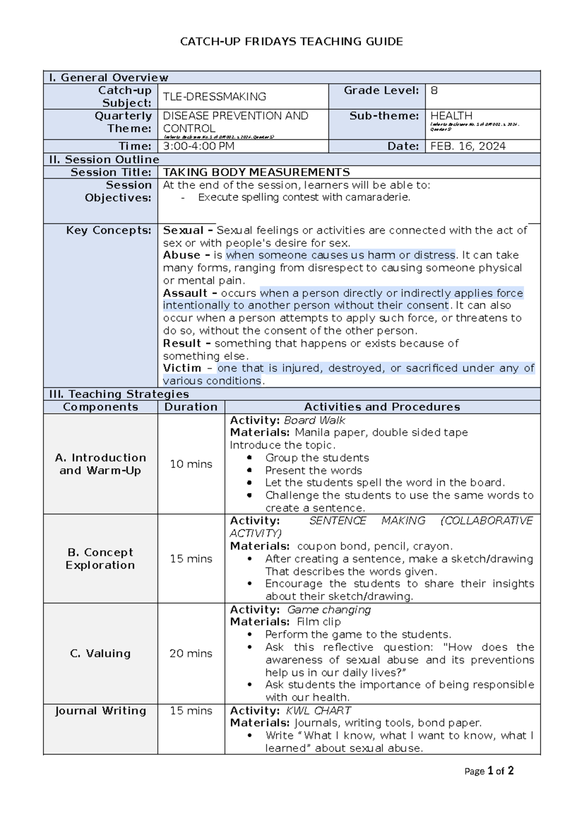 Catch-up LP - CATCH-UP FRIDAYS TEACHING GUIDE I. General Overview Catch ...