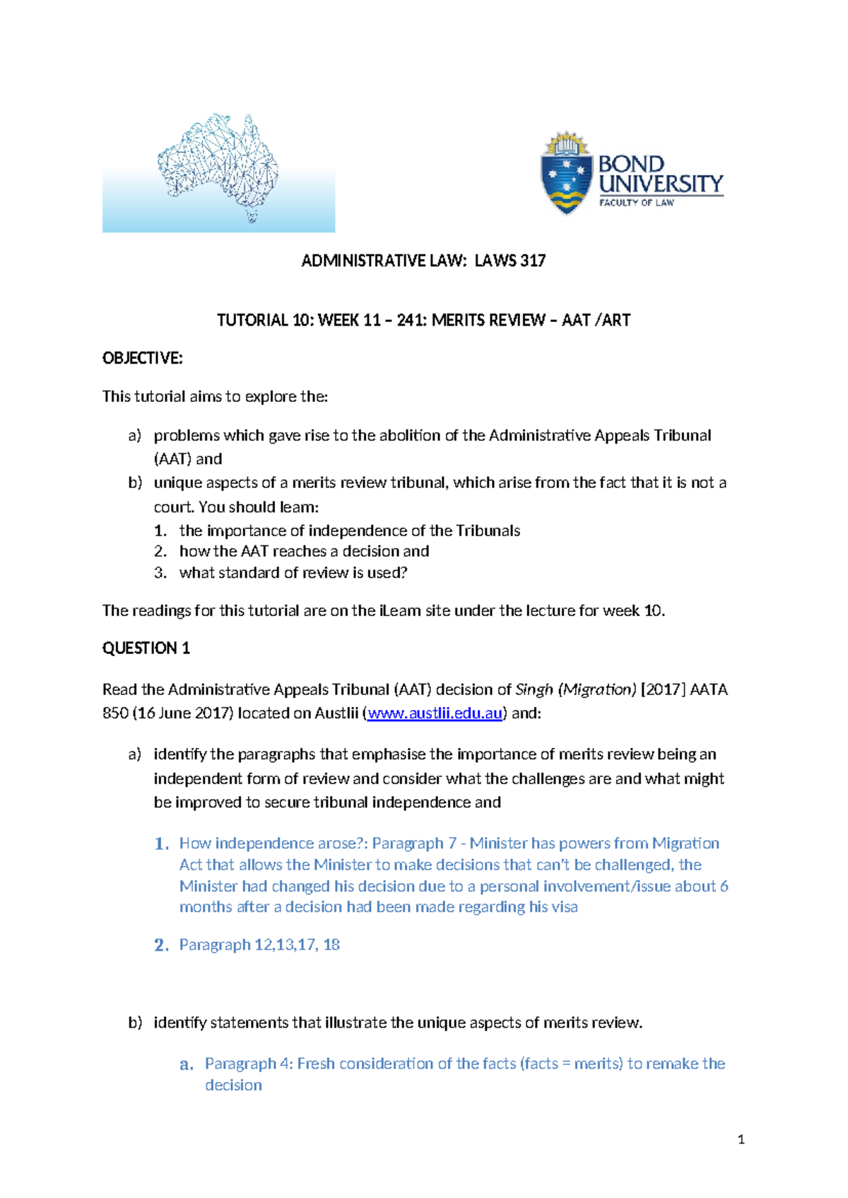 241 Tutorial 10 Wk 11 Merits review - ADMINISTRATIVE LAW: LAWS 317 TUTORIAL 10: WEEK 11 – 241 ...