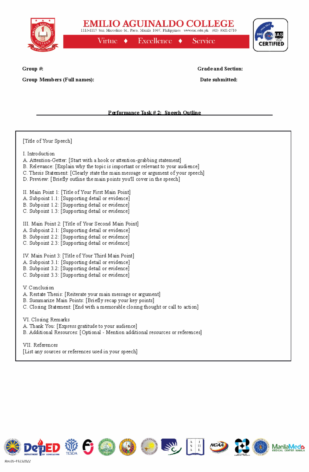 PT2 Speech Outline Section Group Number - Group #: Grade and Section ...