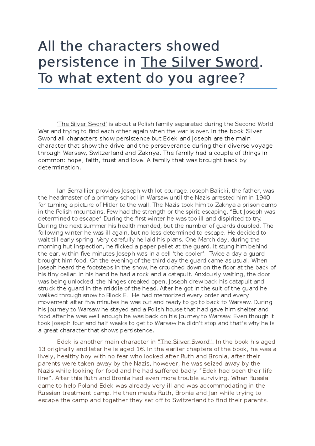 Persistence of Characters in The Silver Sword - Studocu