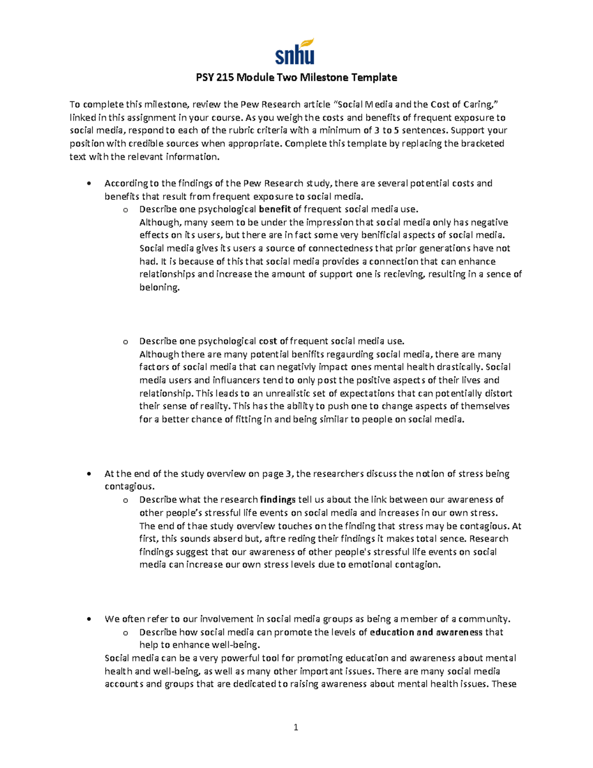 PSY 215 Module Two Sam Gutzkow - 1 PSY 215 Module Two Milestone ...