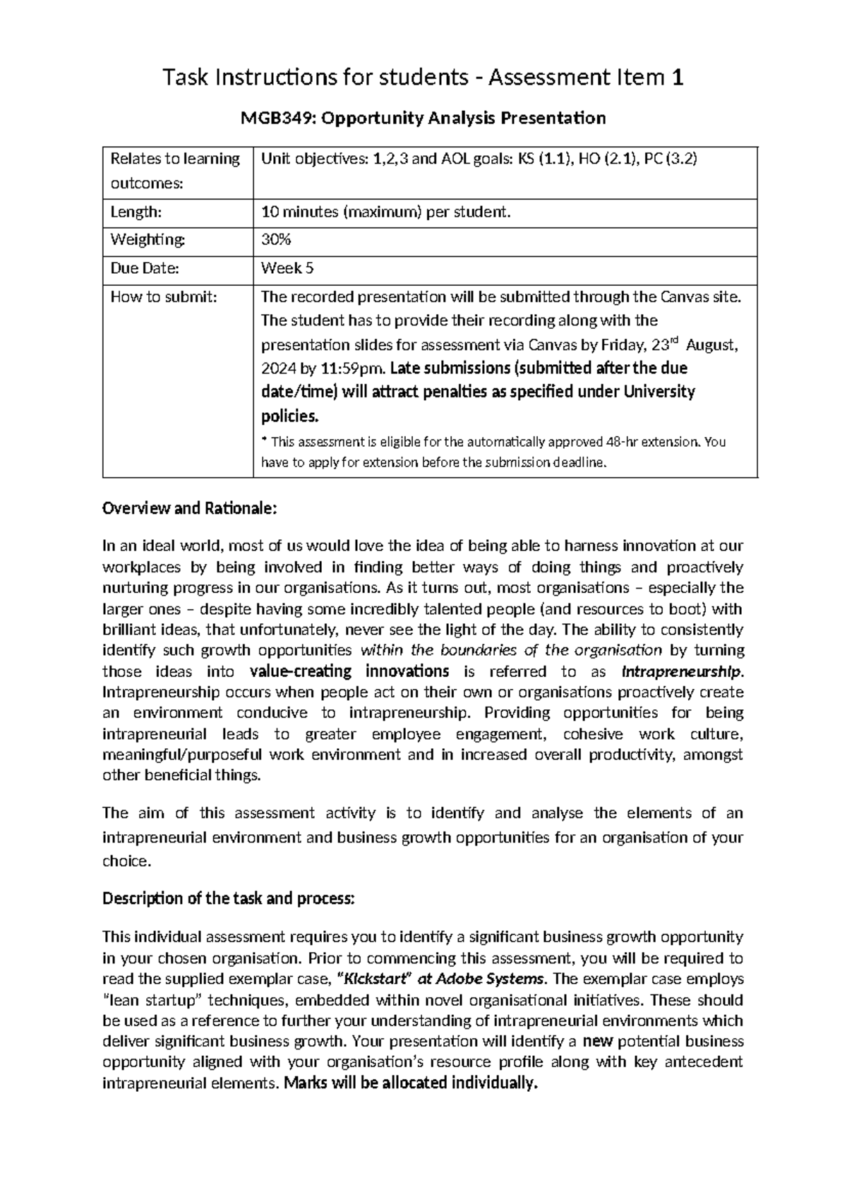 Assessment 1 (Opportunity Analysis) - Task Instructions - Task ...