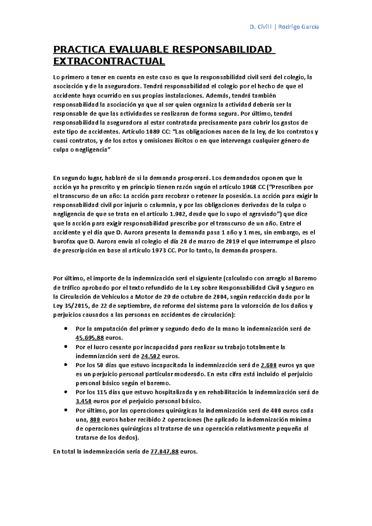 Practica Evaluable Responsabilidad Extracontractual - D. Civil l | Rodrigo García PRACTICA ...