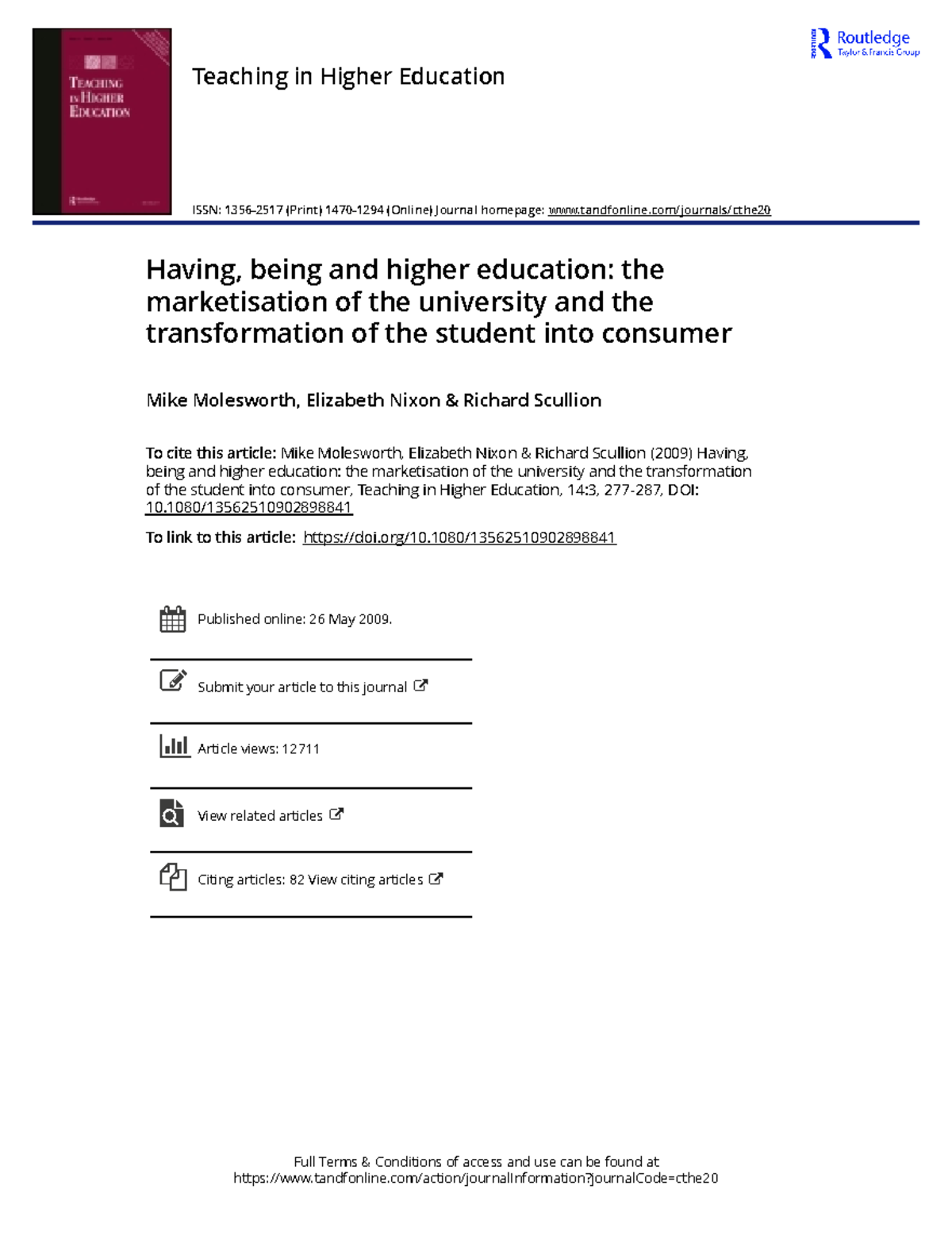 Having being and higher education the marketisation of the university ...