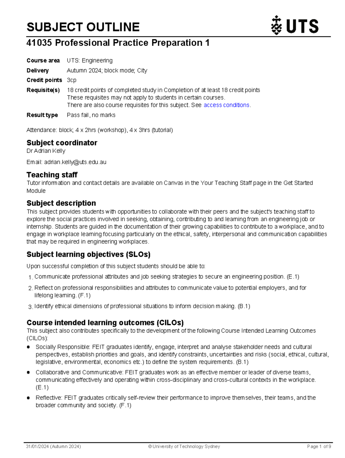 PPP1 - Subject Outline 2024 - SUBJECT OUTLINE 41035 Professional ...