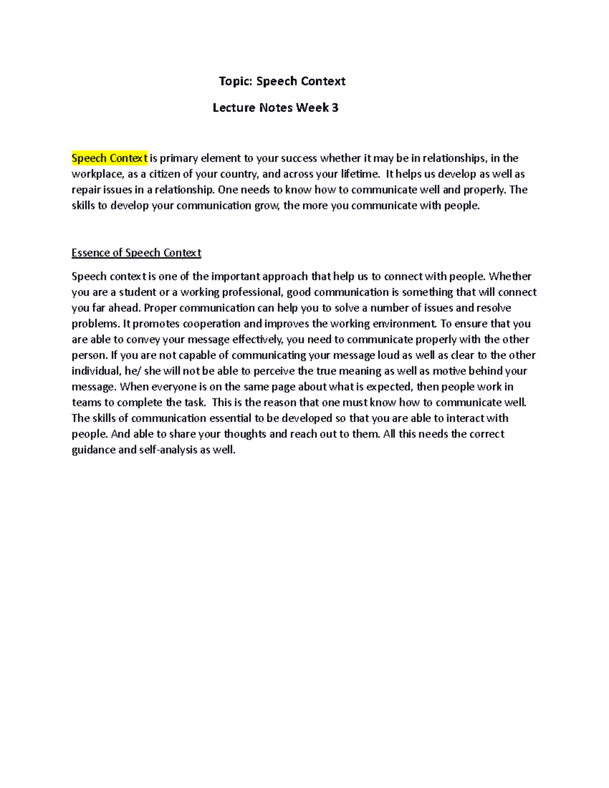 Speech Context in Communication - Topic: Speech Context Lecture Notes ...