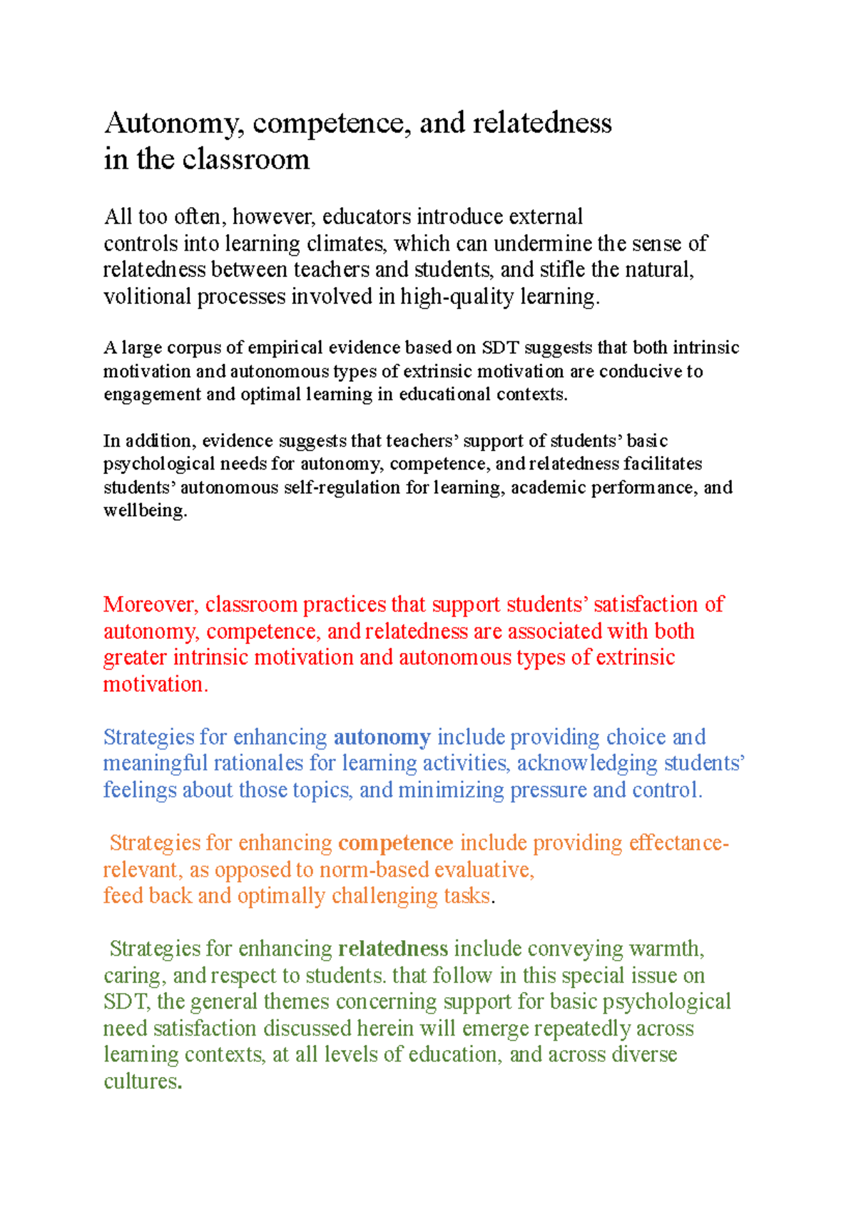 Notes for essay - Autonomy, competence, and relatedness in the ...