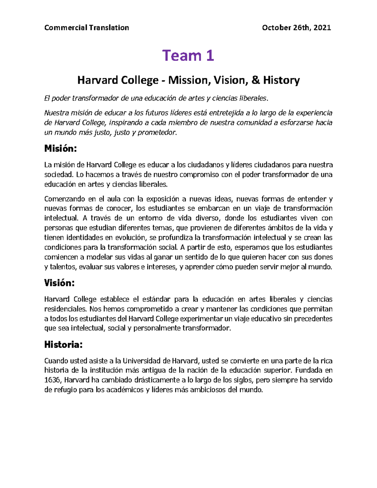 Harvard College - Mision and Vision - Team 1 - Commercial Translation ...