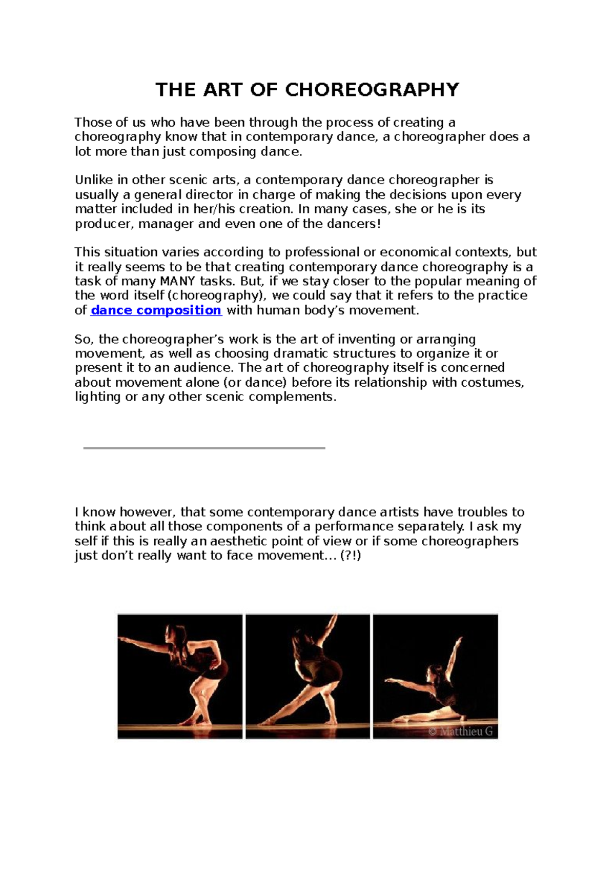 THE ART OF Choreography - THE ART OF CHOREOGRAPHY Those of us who have ...