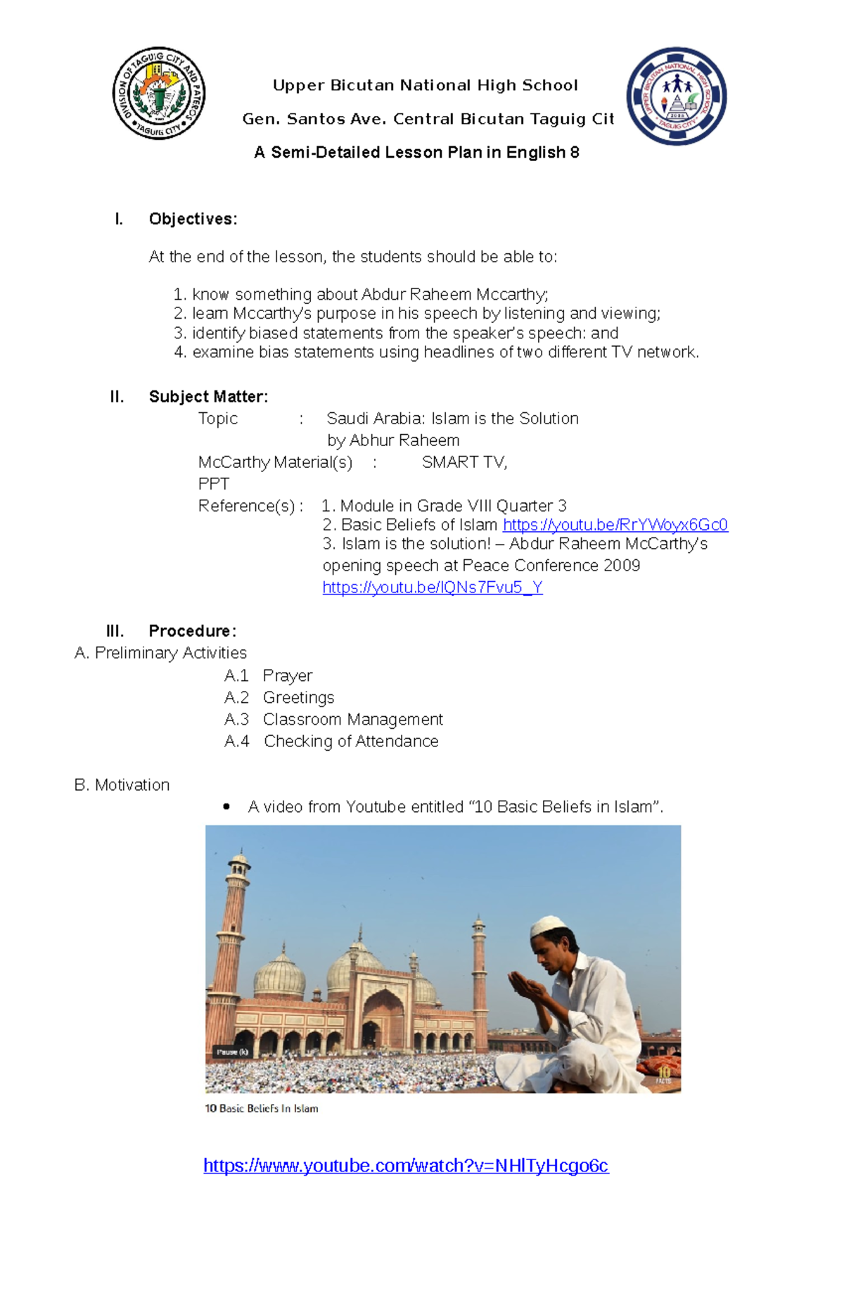 LESSON PLAN ABOUT ISLAM - Upper Bicutan National High School Gen ...