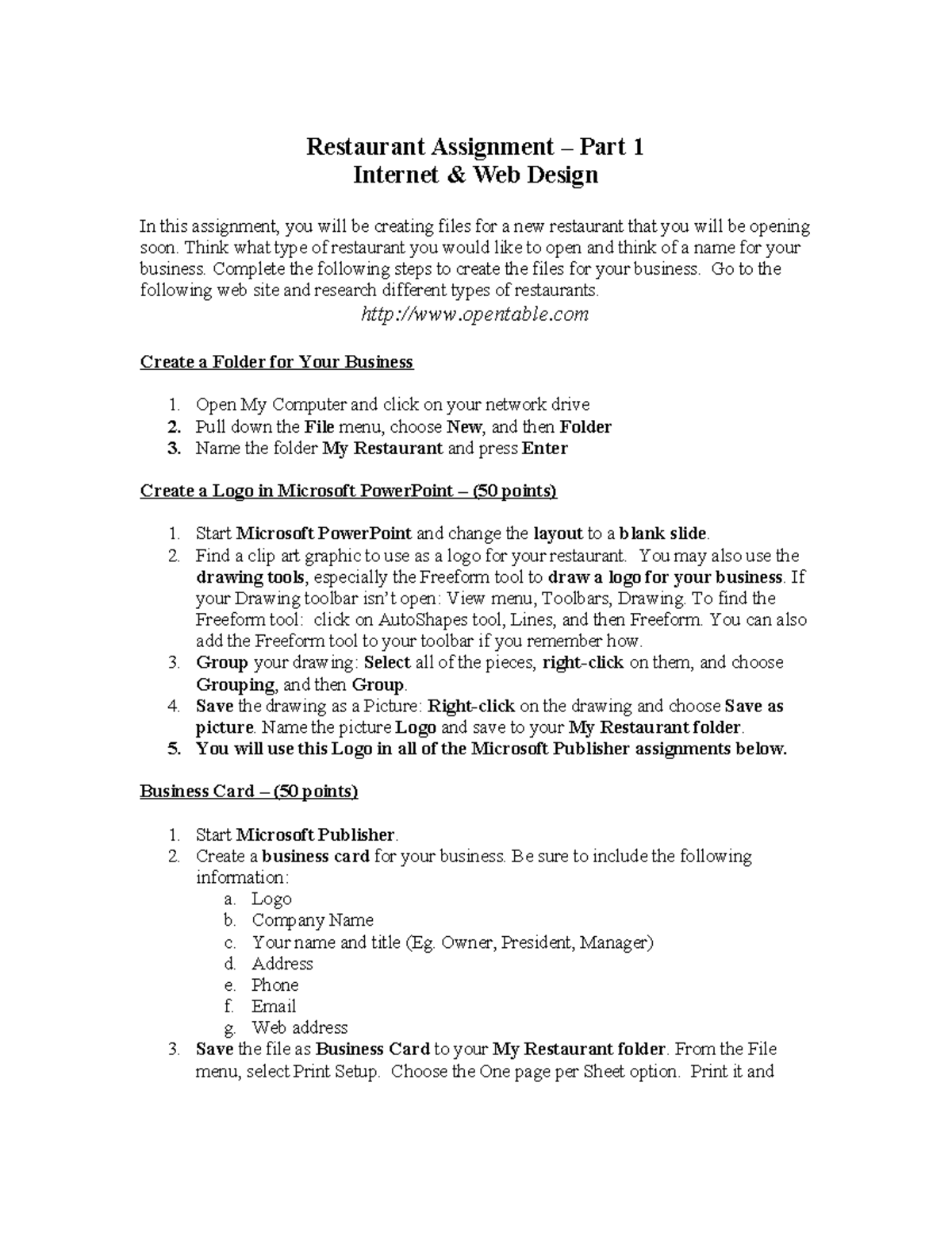 Restaurant Assignment - Part 1 - Restaurant Assignment – Part 1 ...