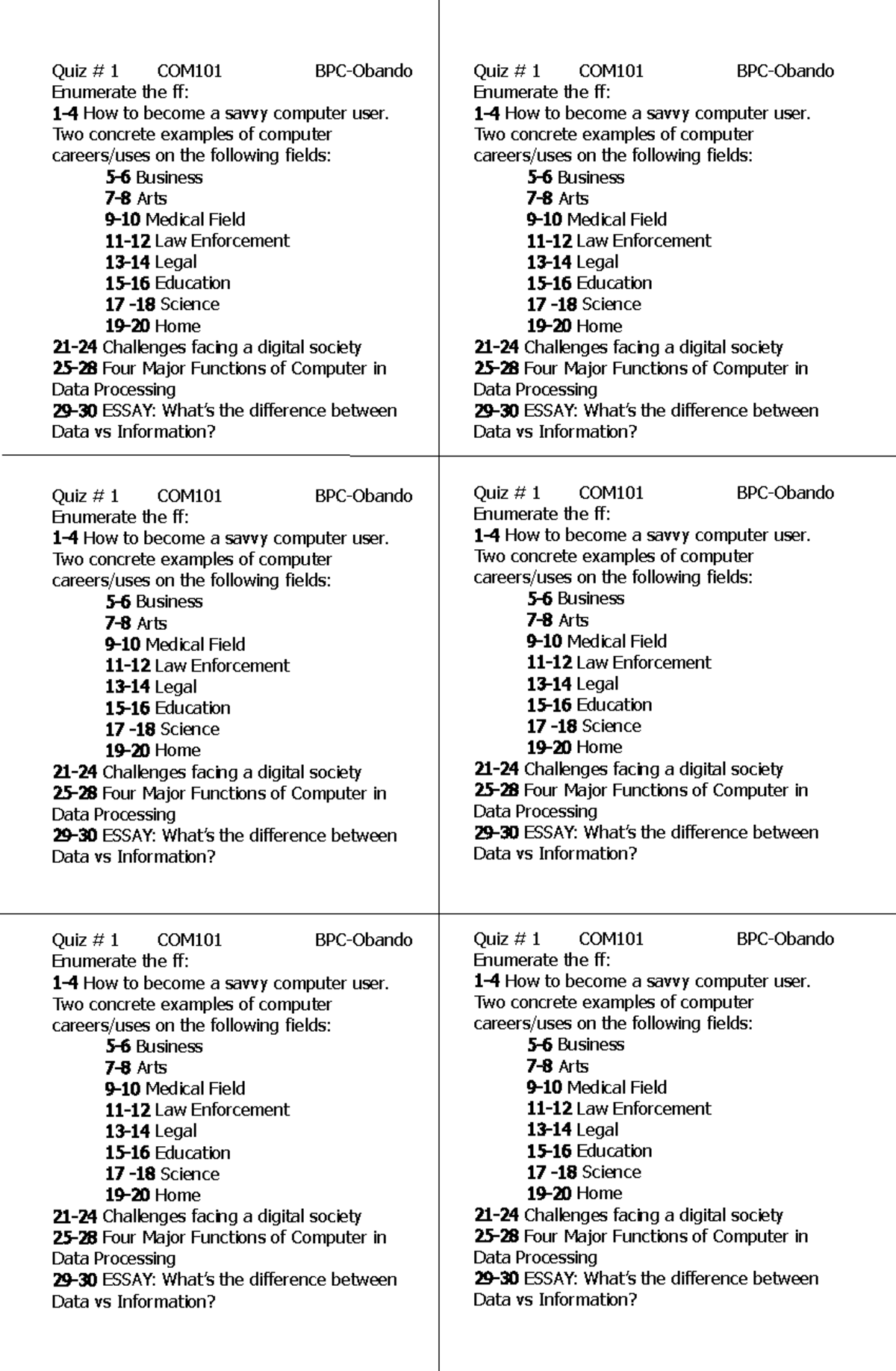 Quiz1 - Sample Quiz for Intro to Computing - Quiz # 1 COM101 BPC-Obando ...