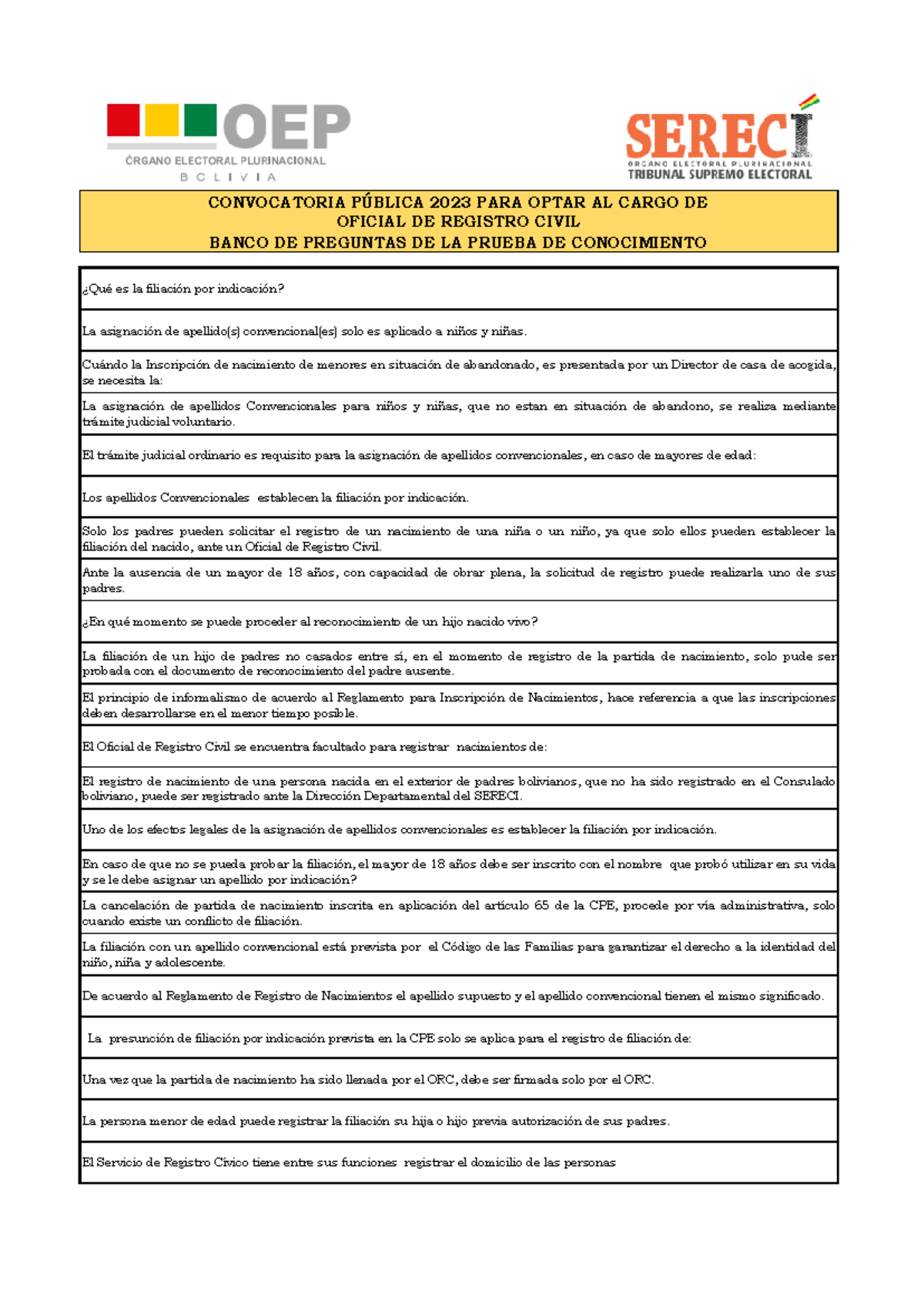 Banco Preguntas - OFICIAL DE REGISTRO CIVIL BANCO DE PREGUNTAS DE LA PRUEBA DE CONOCIMIENTO ¿Qué ...