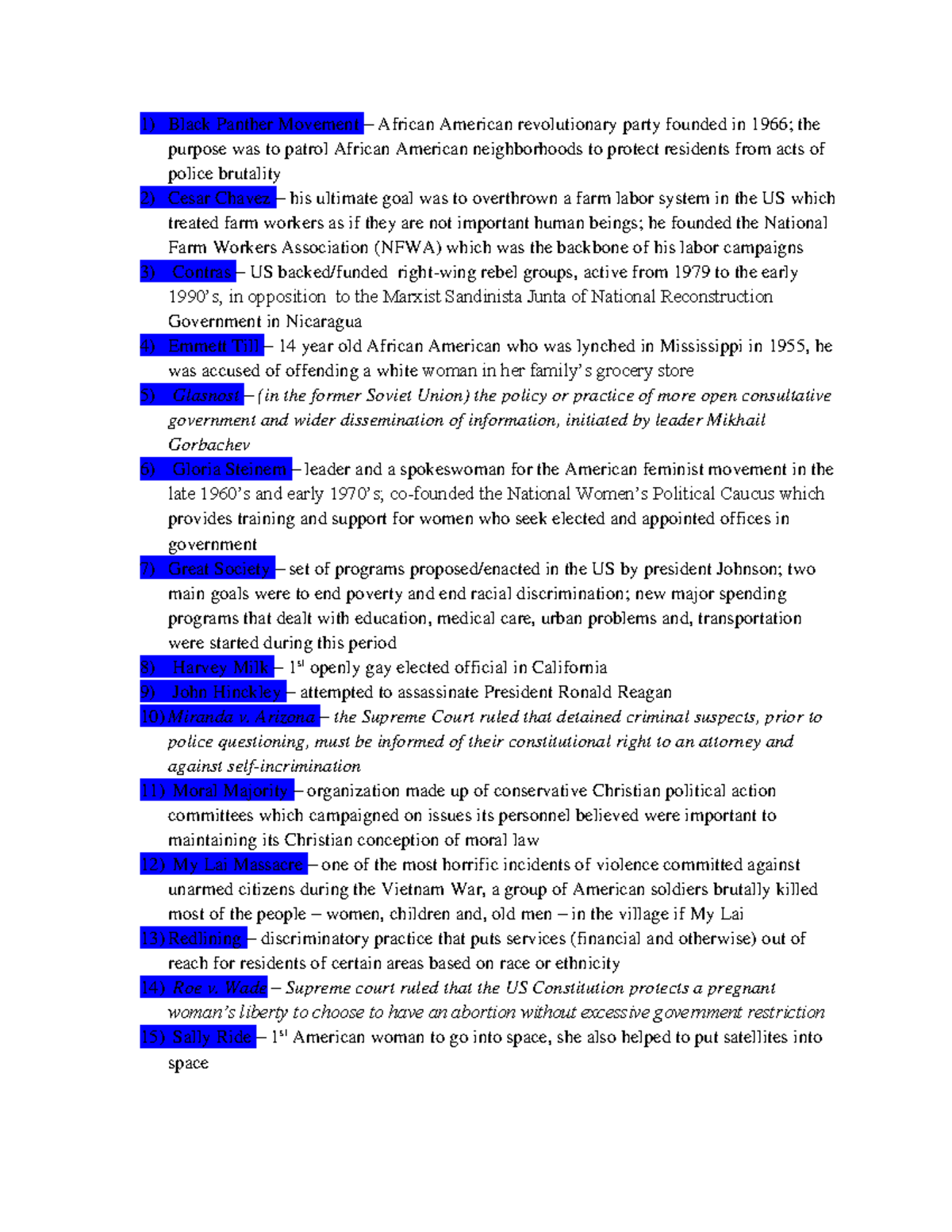 HIST 152 FALL 2021 Quiz 4 Study Guide - Black Panther Movement ...