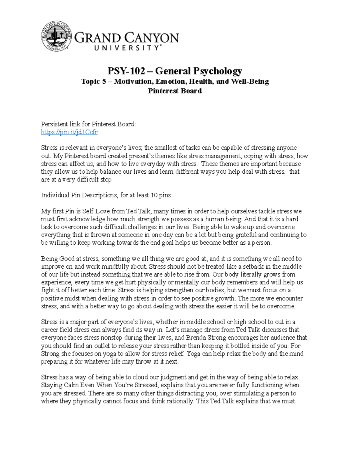 Psychology Stress Test assignment - PSY-102 – General Psychology Topic ...