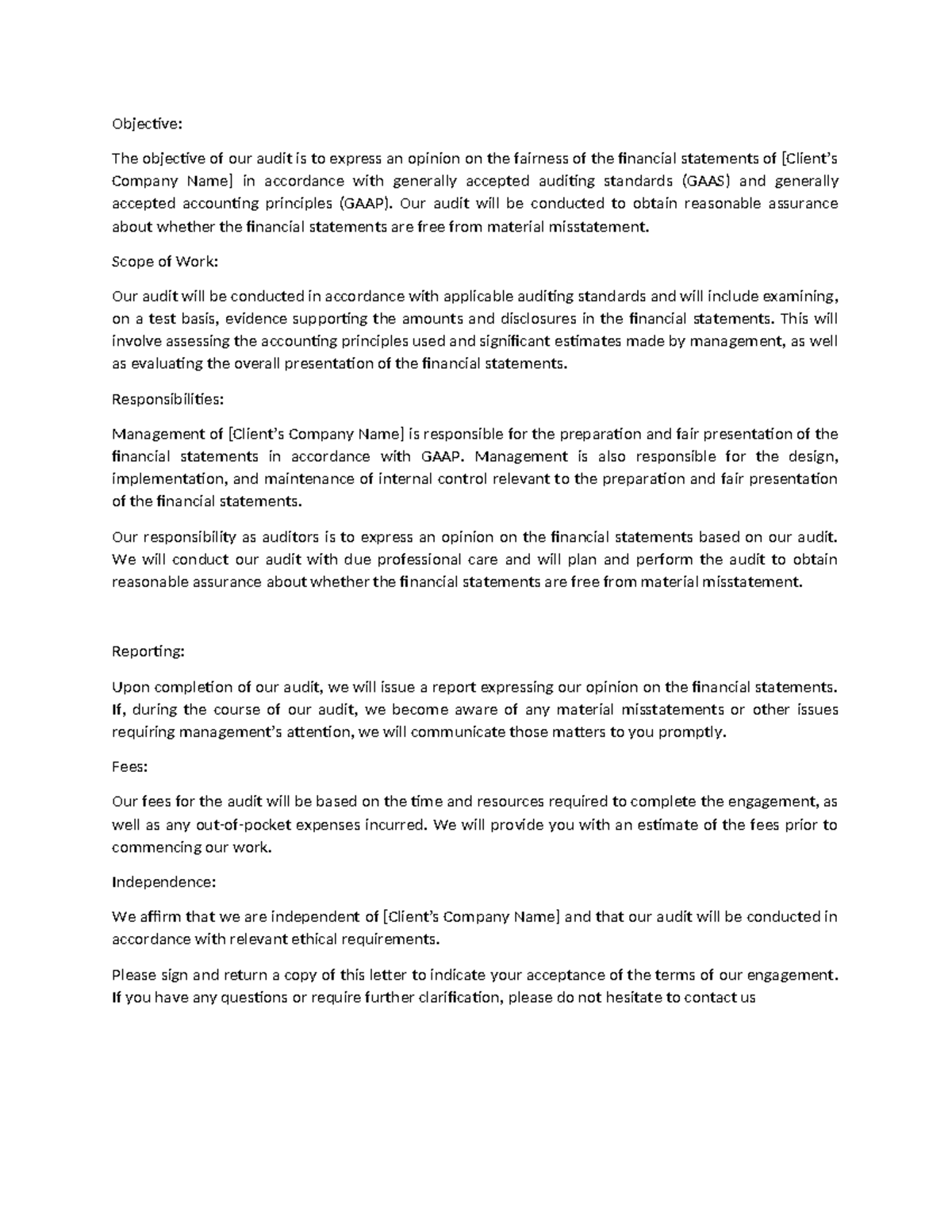 Engagement Letter Sample - Objective: The objective of our audit is to ...