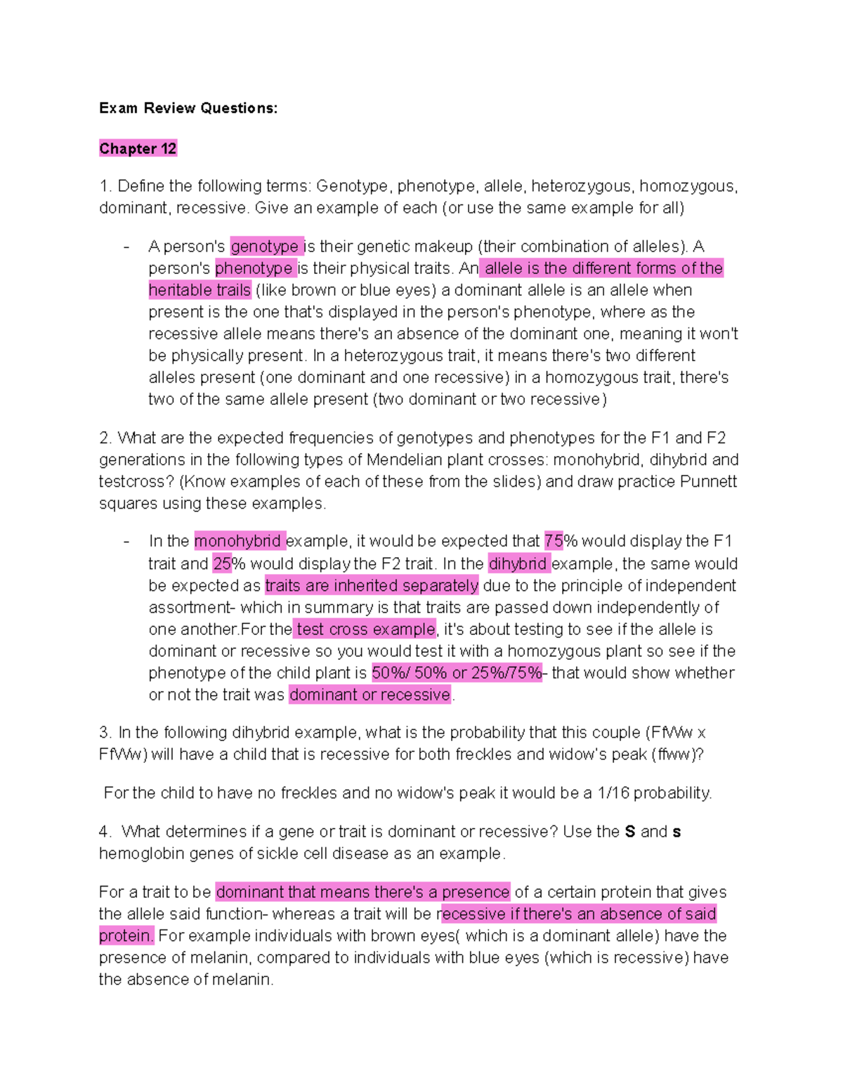Bio Final Exam review questions - Exam Review Questions: Chapter 12 ...