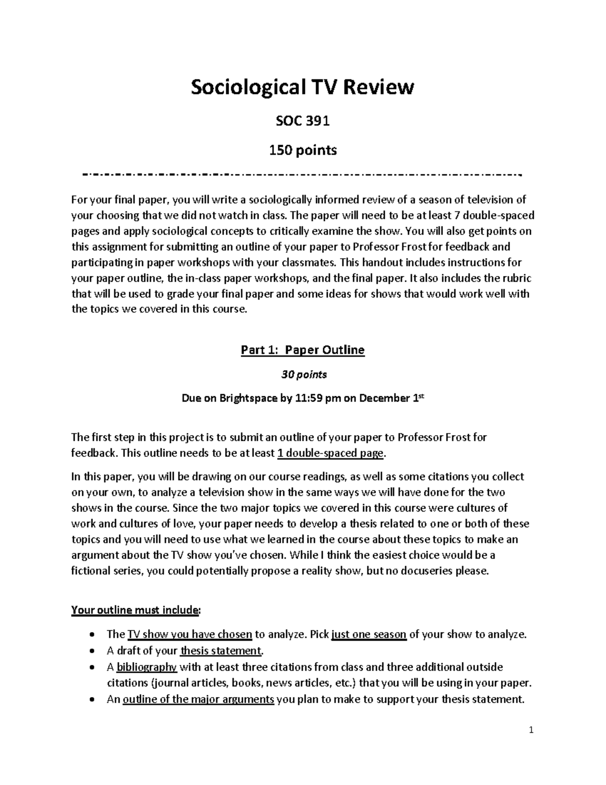 Sociological TV Review Instructions - 1 Sociological TV Review SOC 391 ...