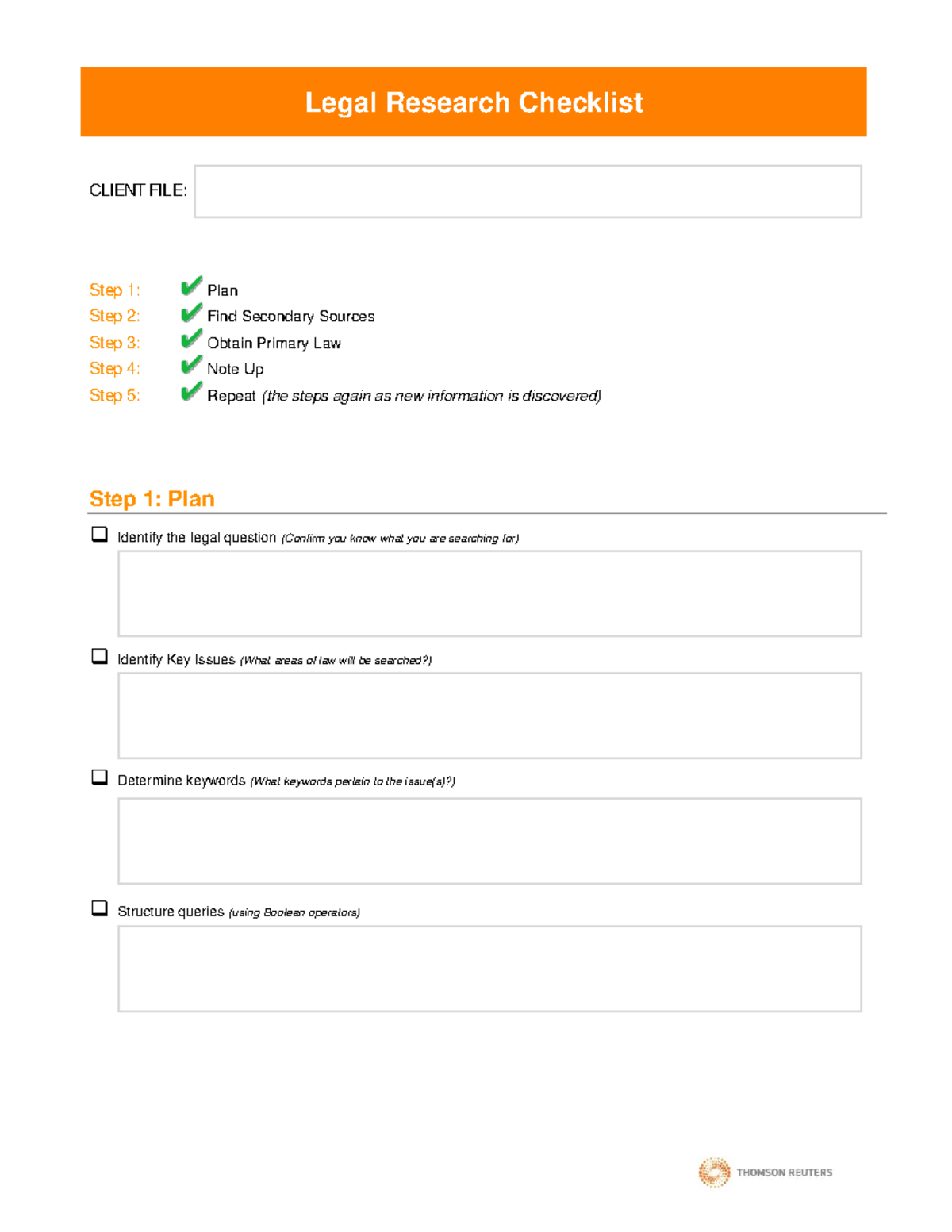 Legal research checklist - Legal Research Checklist CLIENT FILE: Step 1 ...