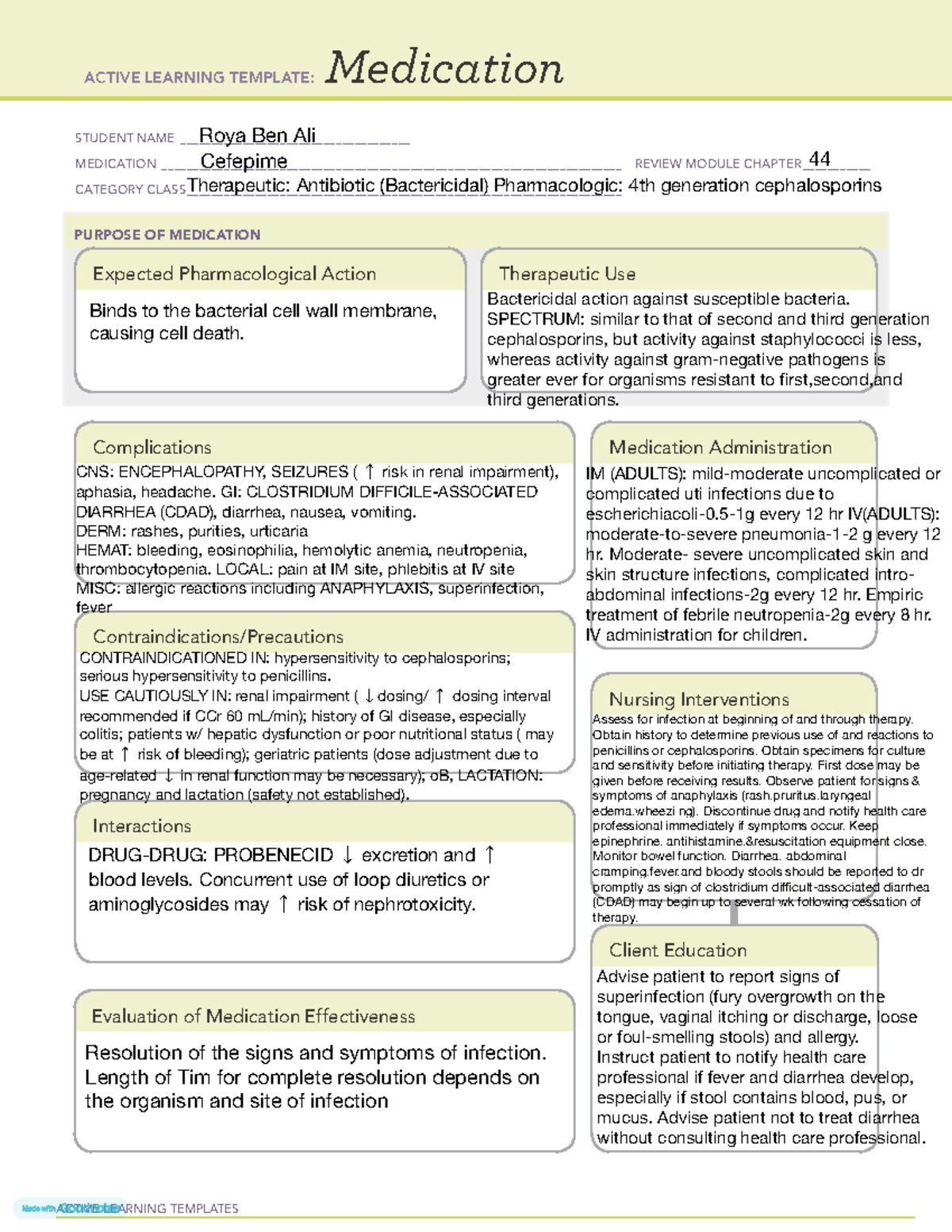 Cefepime - medication template. - ACTIVE LEARNING TEMPLATES Medication ...
