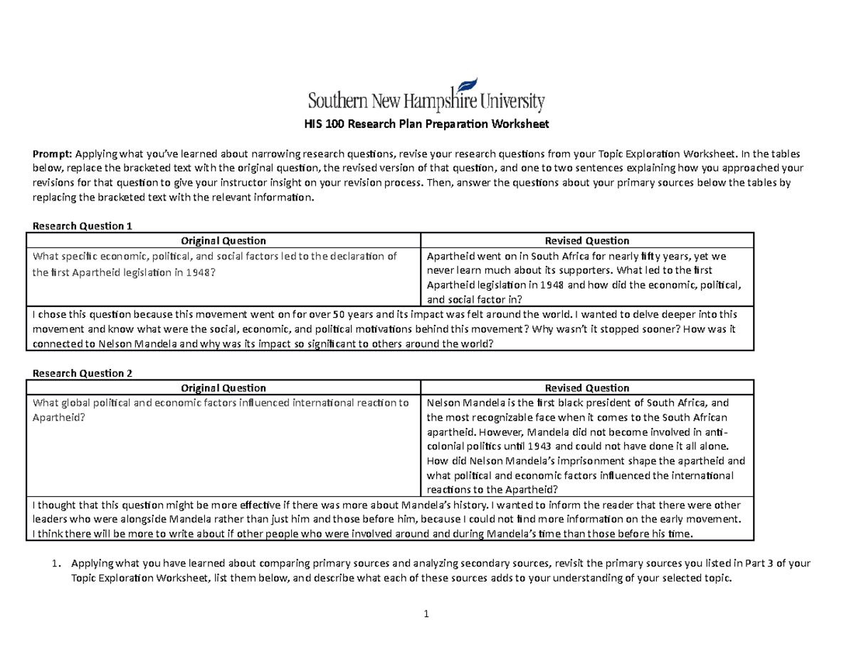 Research Plan Preparation Worksheet - In the tables below, replace the ...