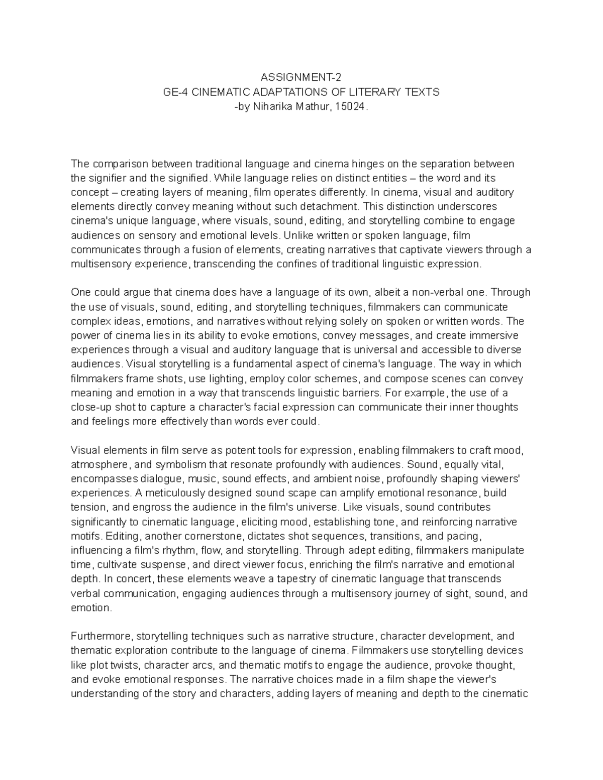 Ge assignment 2 - .... - ASSIGNMENT- GE-4 CINEMATIC ADAPTATIONS OF LITERARY TEXTS -by Niharika ...