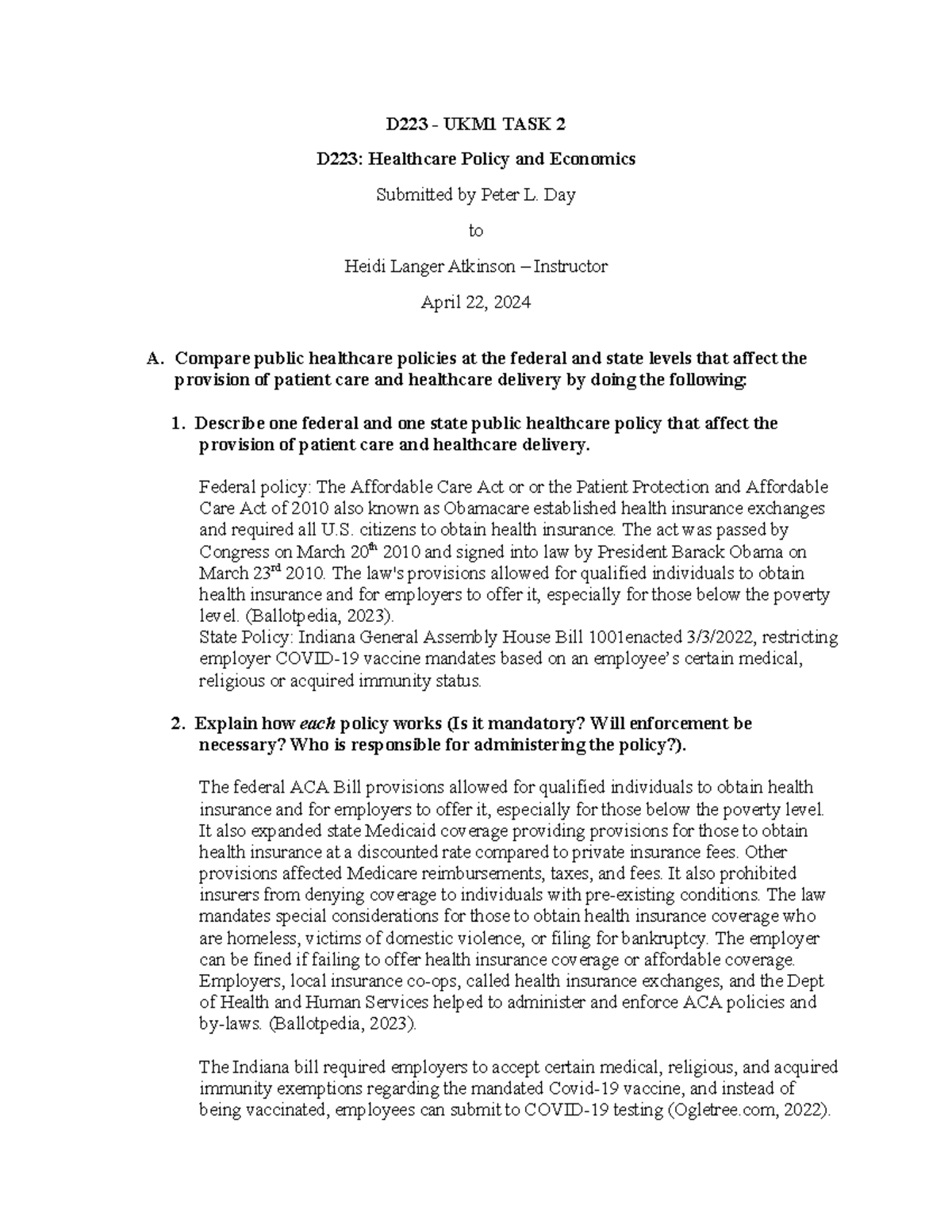 D223 Task 1 UKM1 - D223 - UKM1 TASK 2 D223: Healthcare Policy and ...