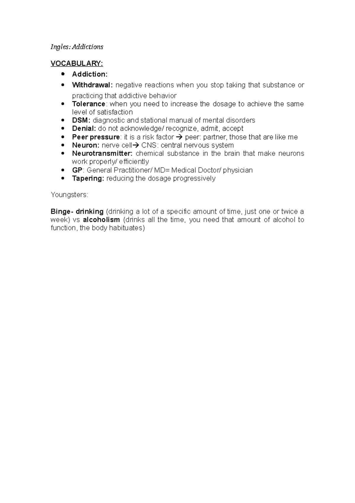 Vocab And Questions - Ingles: Addictions VOCABULARY: Addiction ...