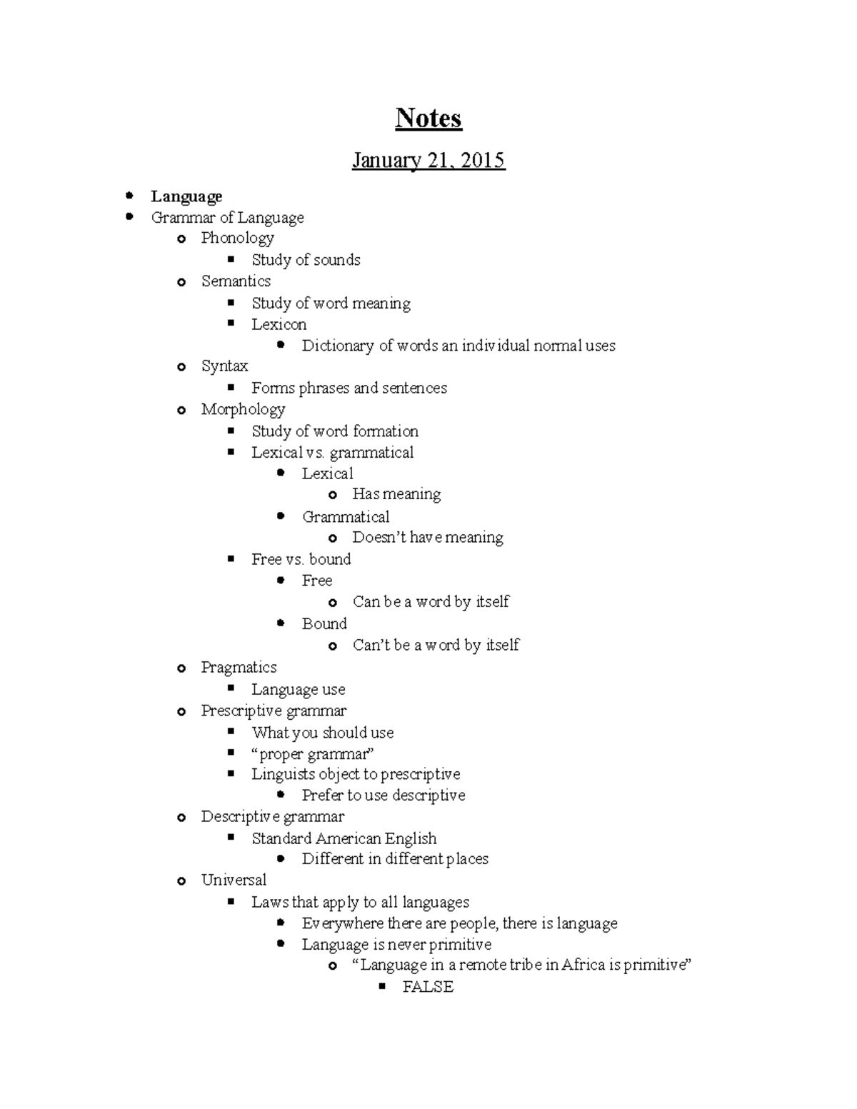 Notes - Language; Phonetics; Phonology; Morphology - Notes January 21 ...