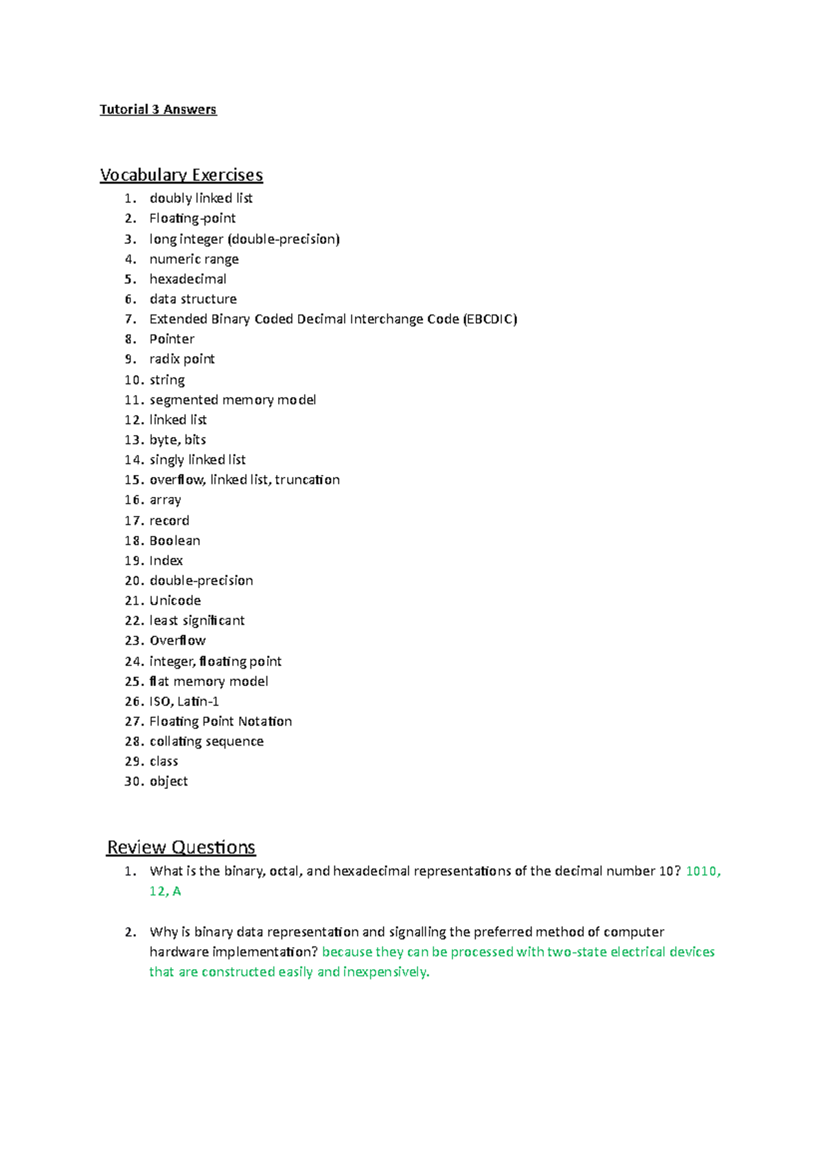 Tutorial 3 Answers - tut - Tutorial 3 Answers Vocabulary Exercises doubly linked list Floating ...