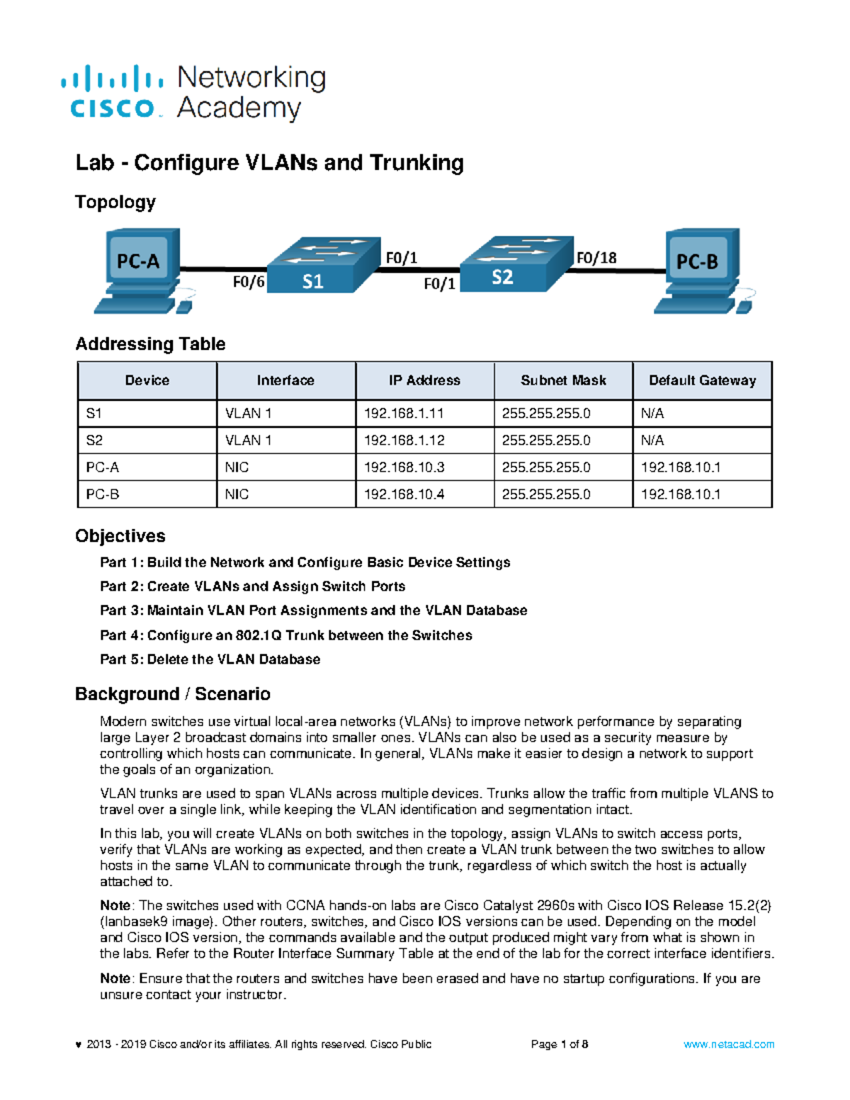 Networking ans 1 - Topology Addressing Table Device Interface IP Address Subnet Mask Default ...