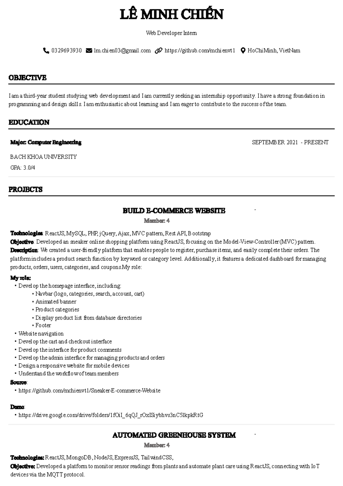 CV LÊ MINH CHIẾN - Hcmut - ssssss - LÊ MINH CHIẾN Web Developer Intern ...