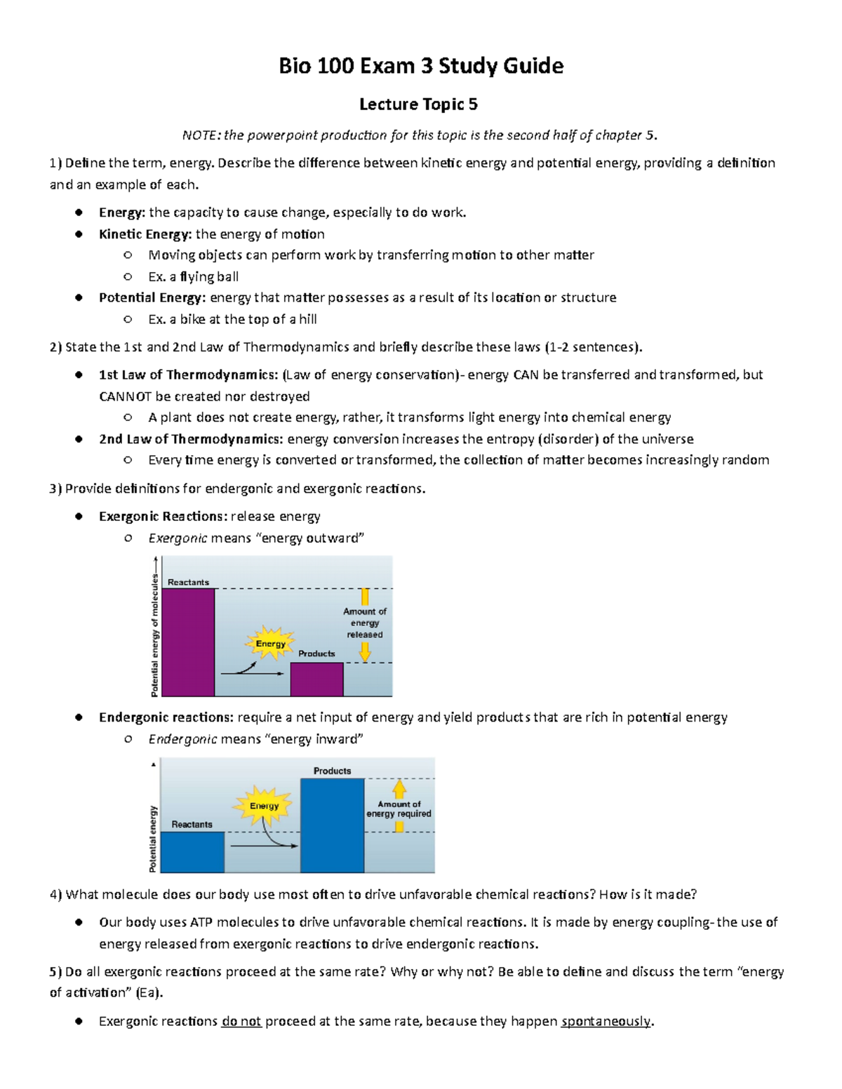 Bio100Study Guide 3rdexam-2 - Bio 100 Exam 3 Study Guide Lecture Topic ...