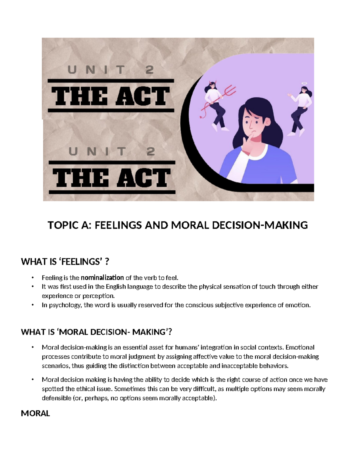 Ethics - Topic 1: the Act - TOPIC A: FEELINGS AND MORAL DECISION-MAKING ...