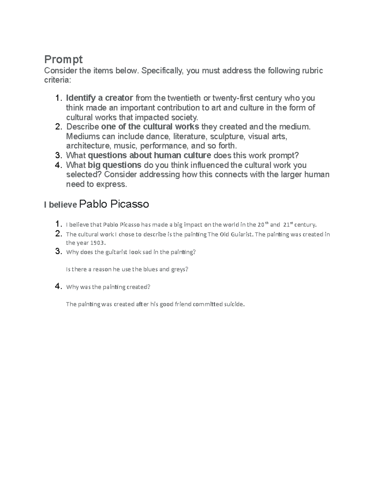 Picaso - ..... - Prompt Consider the items below. Specifically, you ...