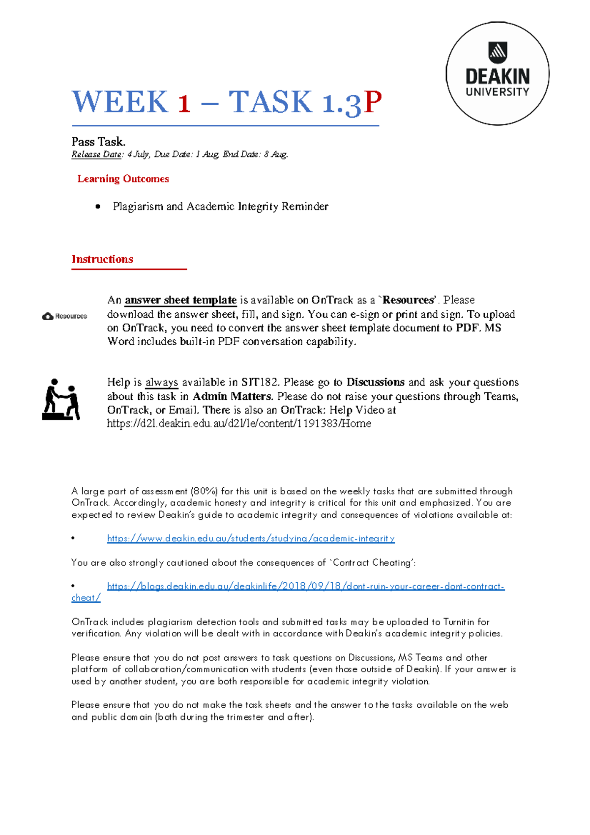 SIT182-1 - SIT182-1 - WEEK 1 – TASK 1 Pass Task. Release Date: 4 July ...