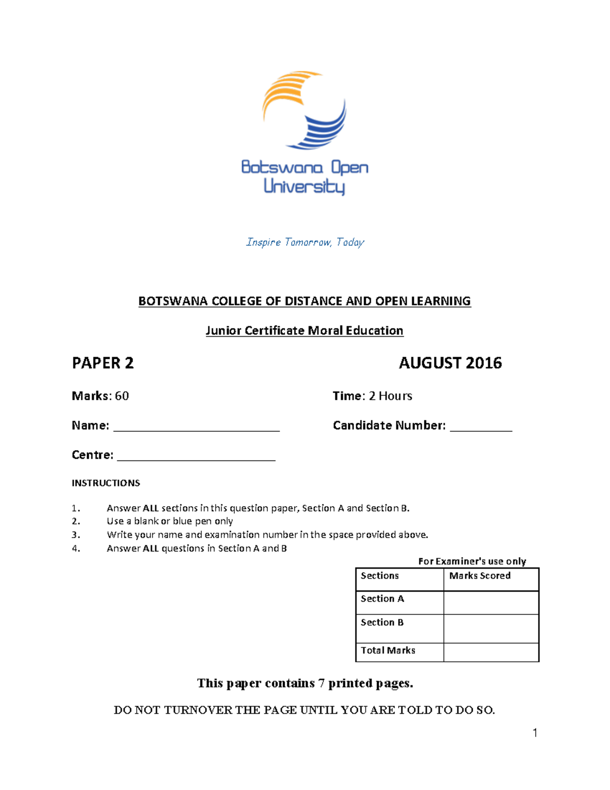 2016 Final MOCK EXAM Second Paper 2 - Inspire Tomorrow, Today BOTSWANA ...