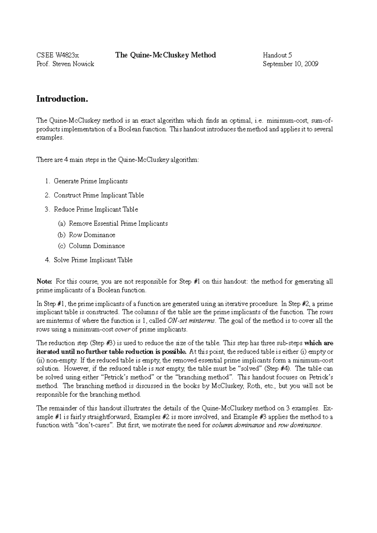 The Quine-Mc Cluskey Method Handout 5 by Prof Steven - CSEE W4823x Prof ...