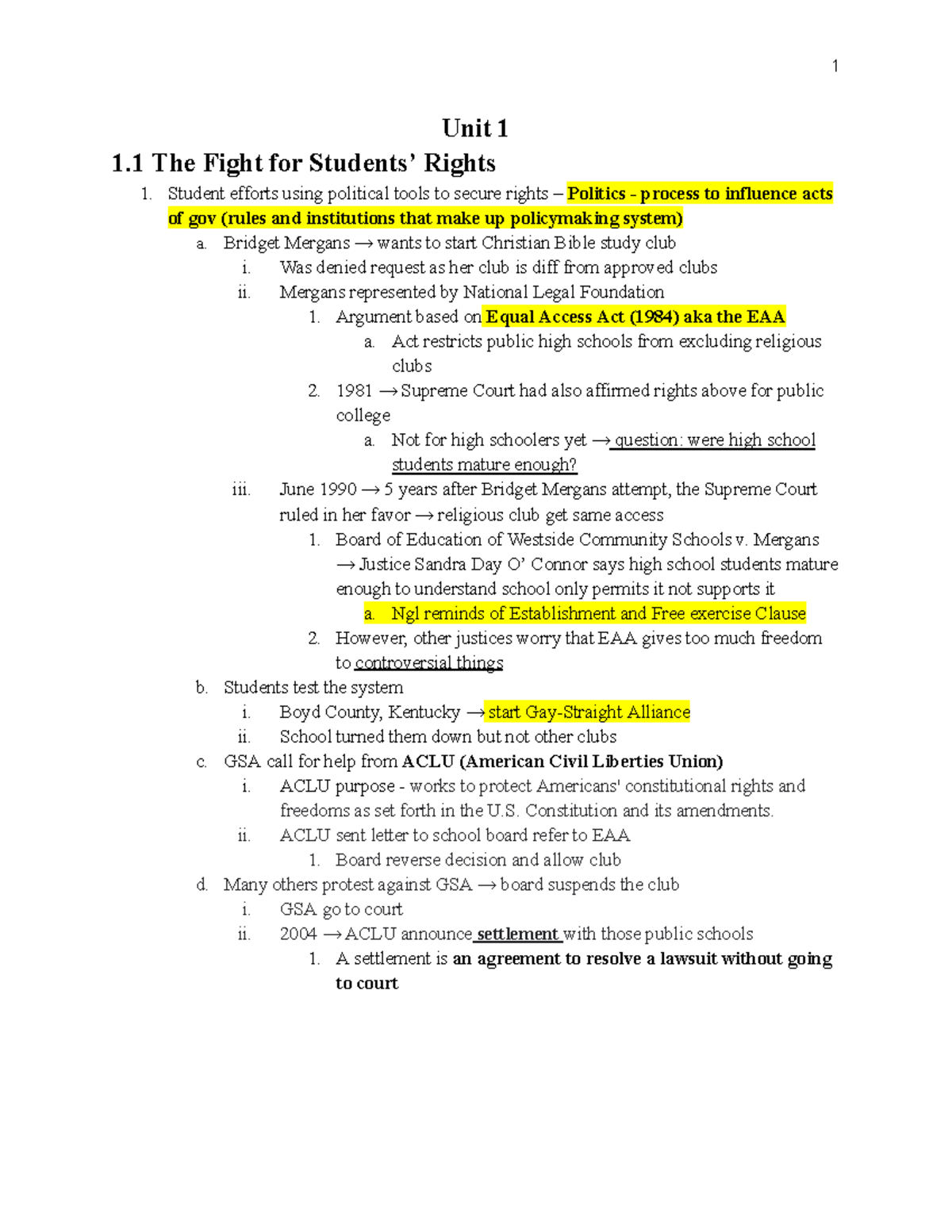 Gov notes Unit 1 - Unit 1 1 The Fight for Students’ Rights 1. Student ...