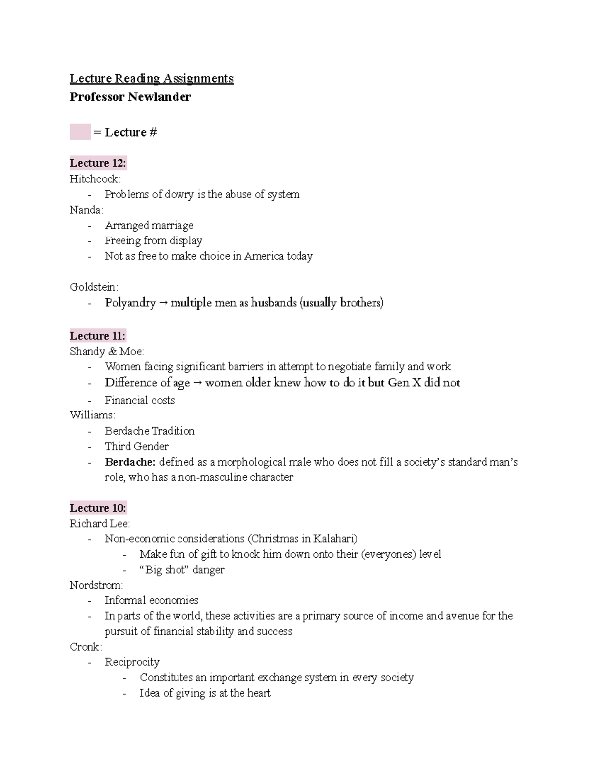 Ant 10cd Lecture Reading Summaries Docx File Lecture Reading Assignments Professor Newlander