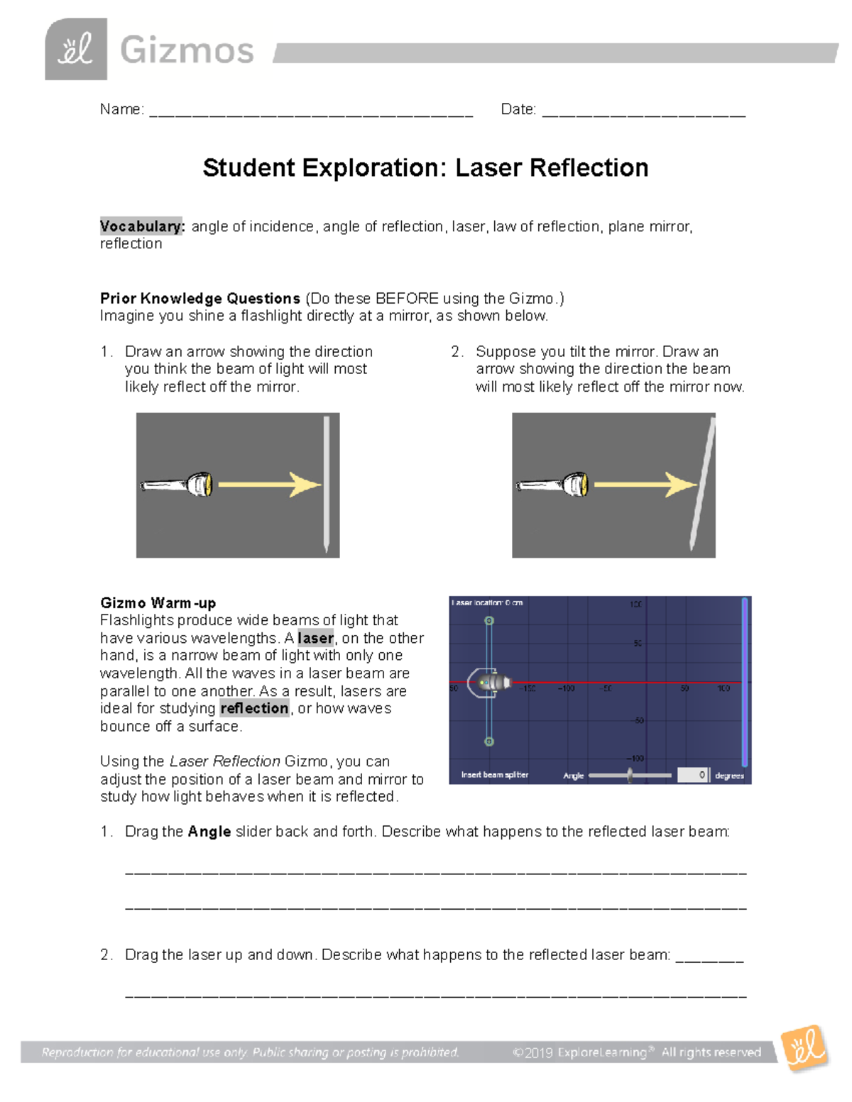 Laser Reflection SE - Gizmos Exploration sheet - Name ...